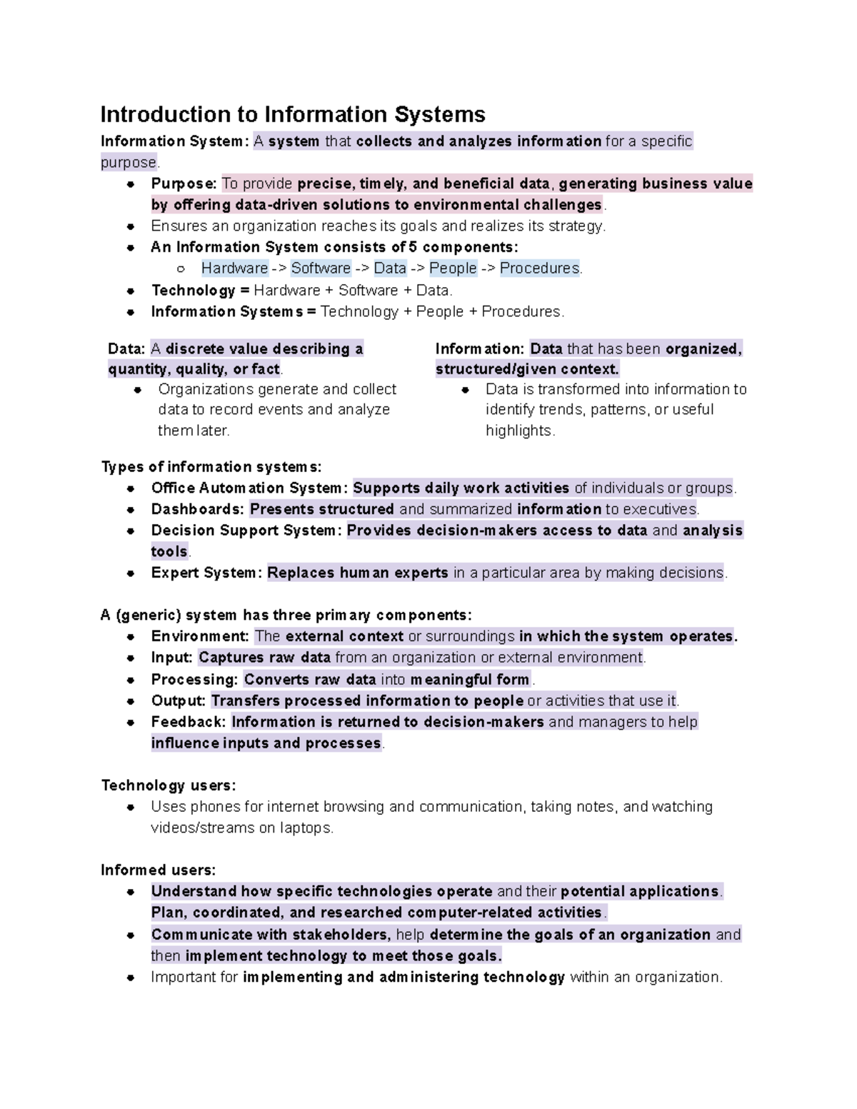 Information Systems Notes - Chapter One - Introduction to Information ...