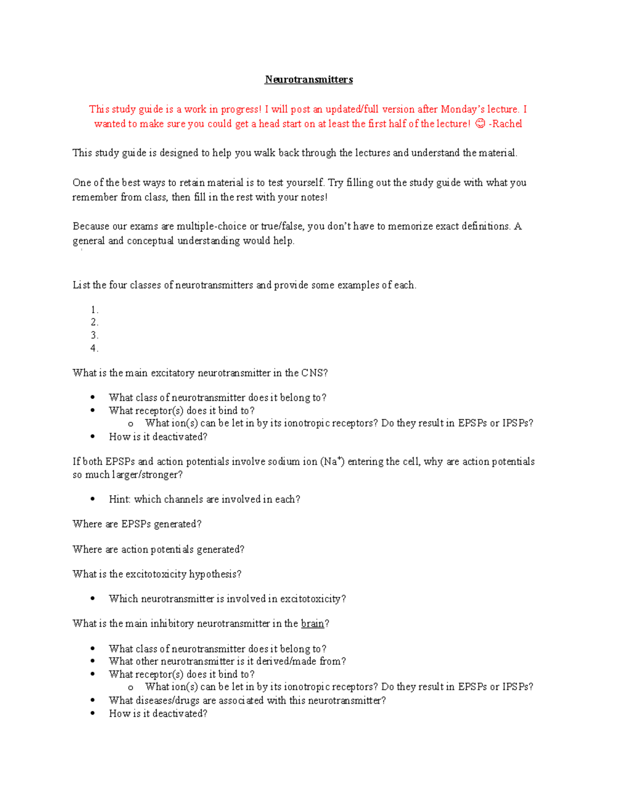Neurotransmitters Study Guide - Neurotransmitters This study guide is a ...