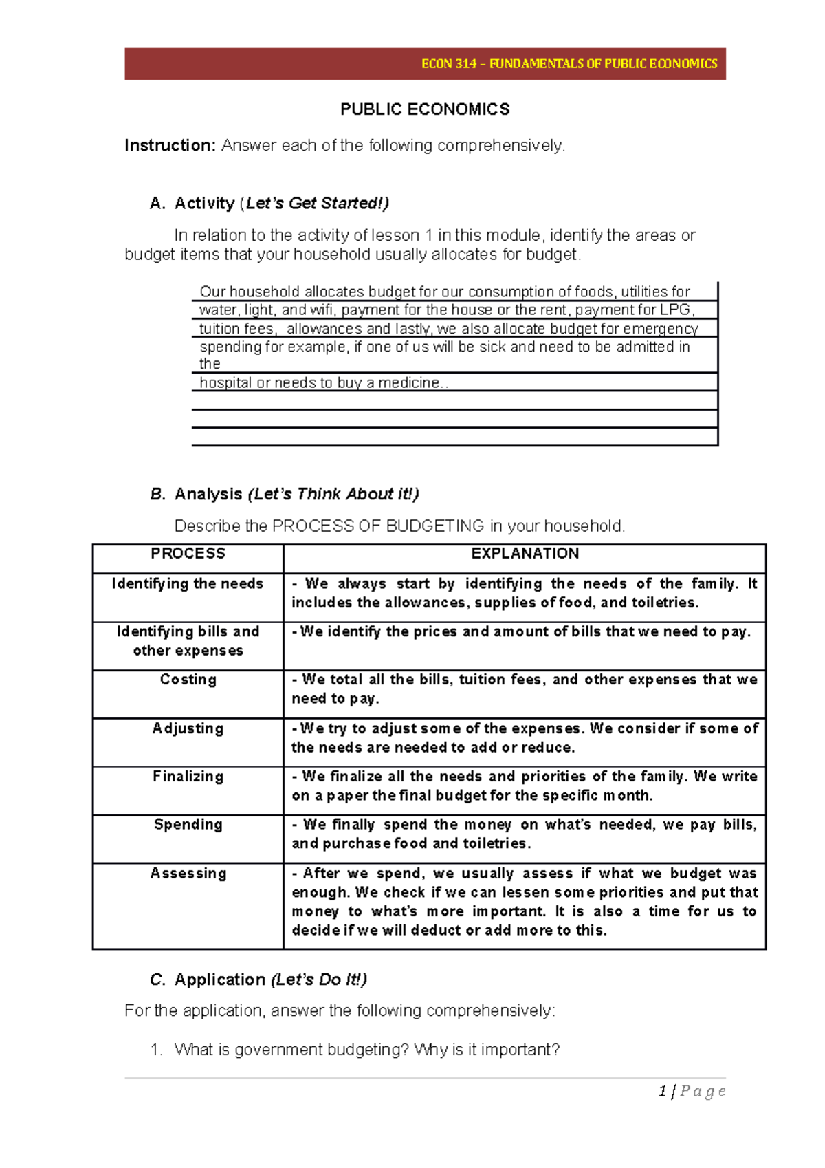 Public Economics Budgeting Process - ECON 314 – FUNDAMENTALS OF PUBLIC ECONOMICS PUBLIC ...