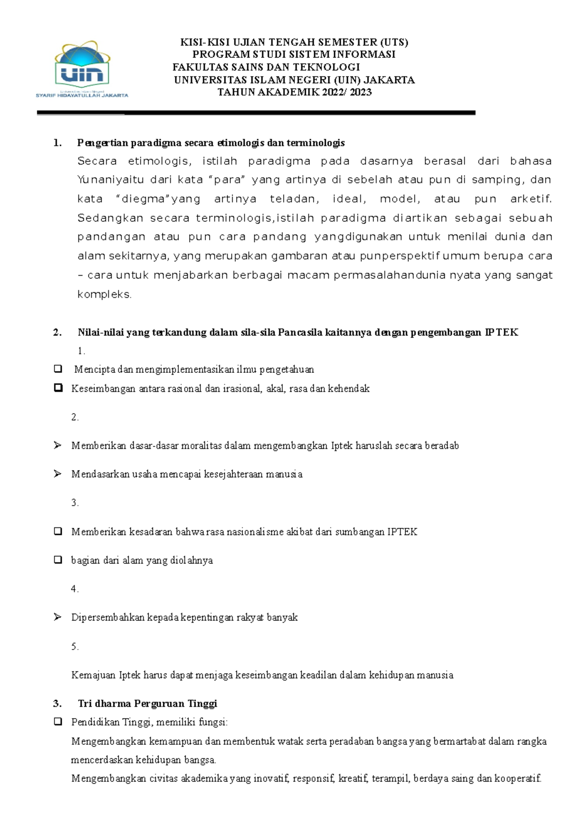 UTS PKN 2022 - Tugas UTS PKN - KISI-KISI UJIAN TENGAH SEMESTER (UTS) PROGRAM STUDI SISTEM ...