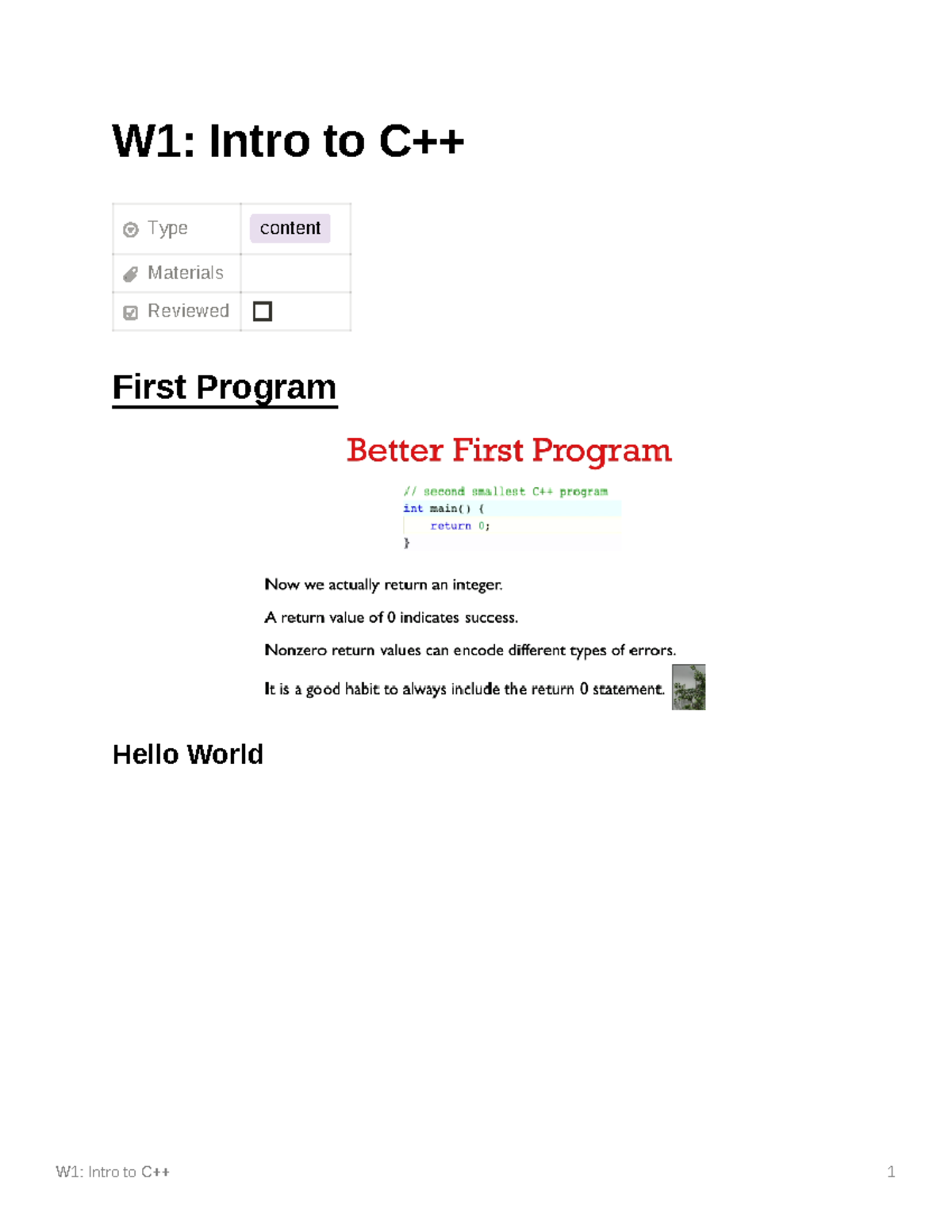 Intro to c++ notes (W1) - W1: Intro to C++ Type content Materials ...