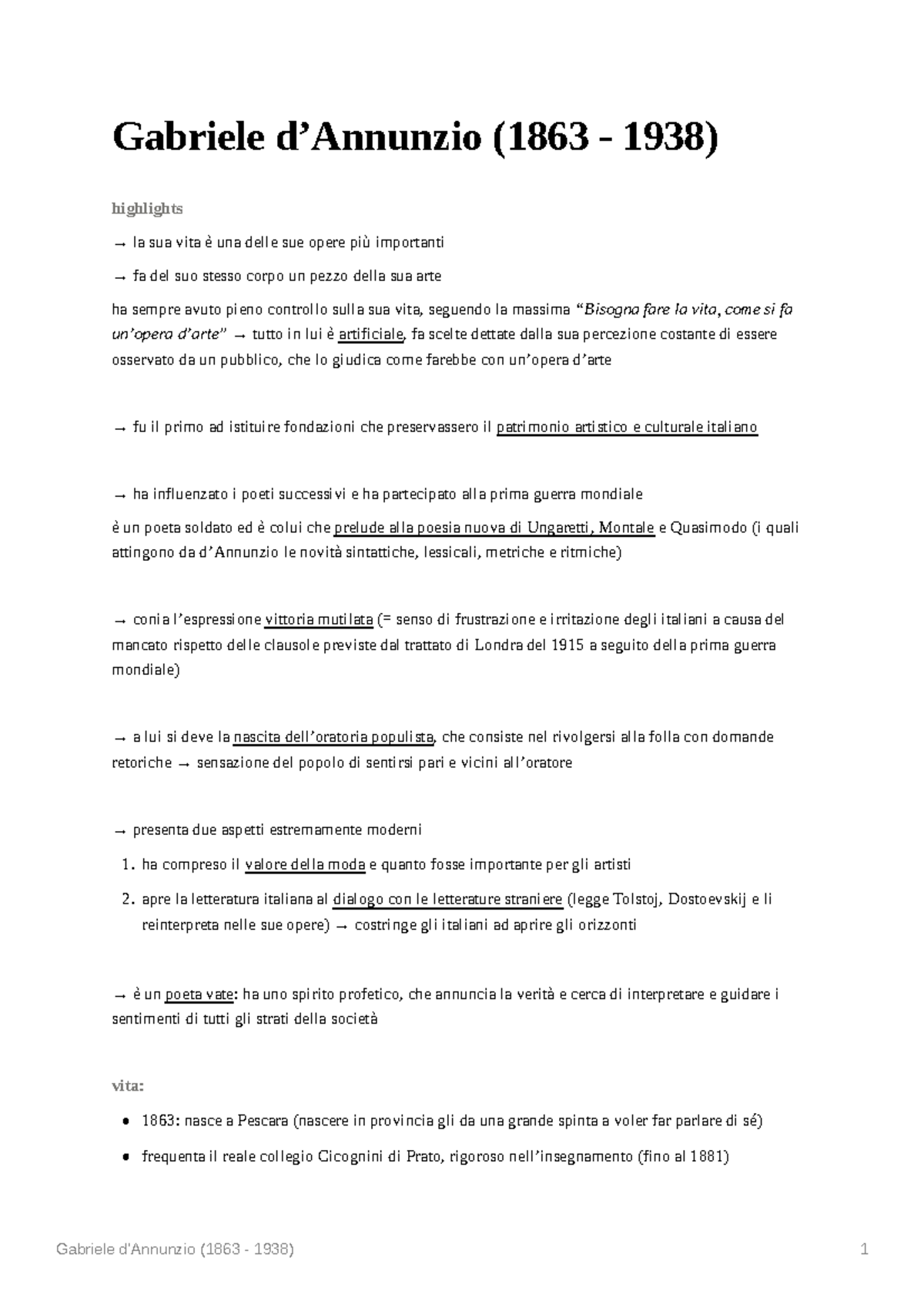 D'Annunzio - appunti Gabriele d'Annunzio integrati con il libro - Gabriele d’Annunzio (1863 ...
