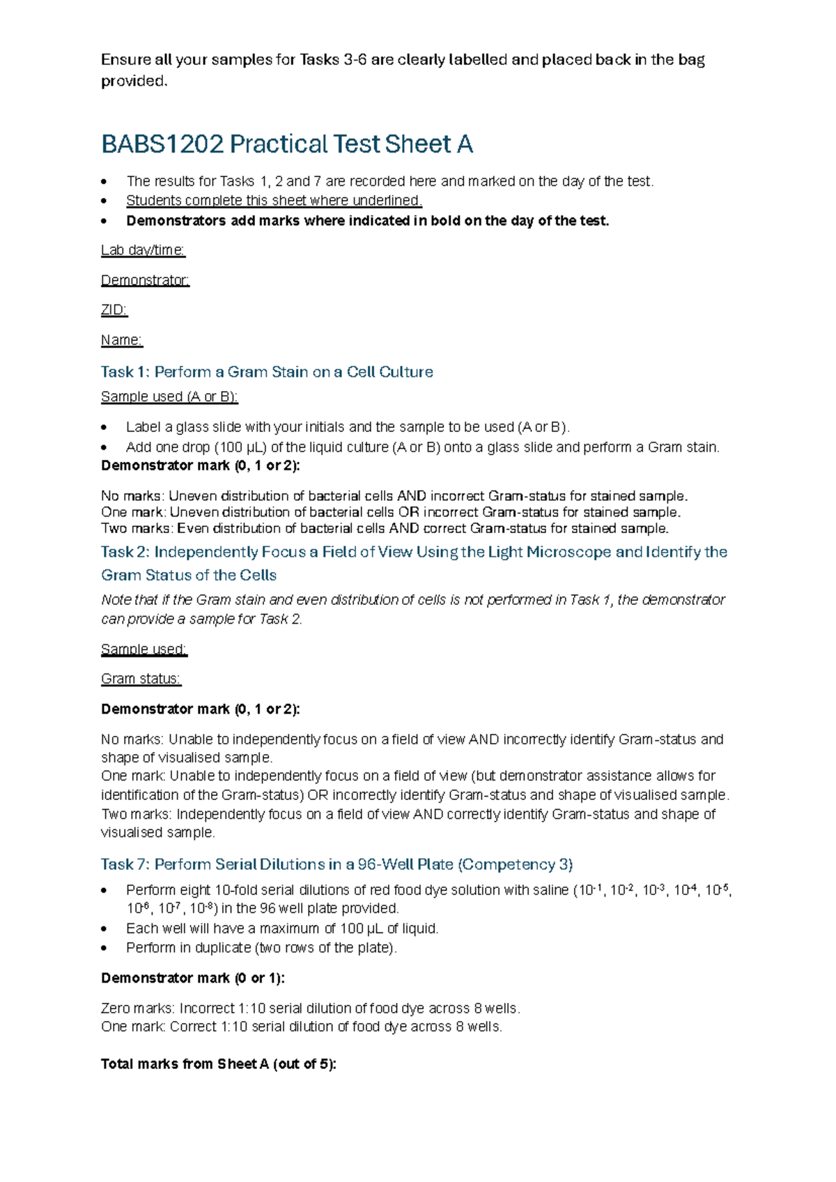 BABS1202 Practical Test Sheet - Ensure all your samples for Tasks 3-6 ...