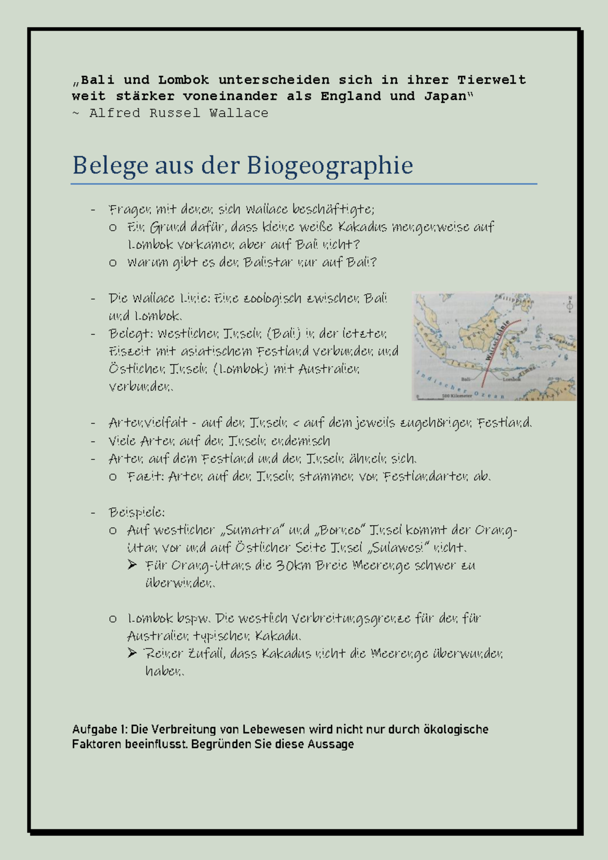 Belege aus der Biogeografie - Bio Lk - „Bali und Lombok unterscheiden ...