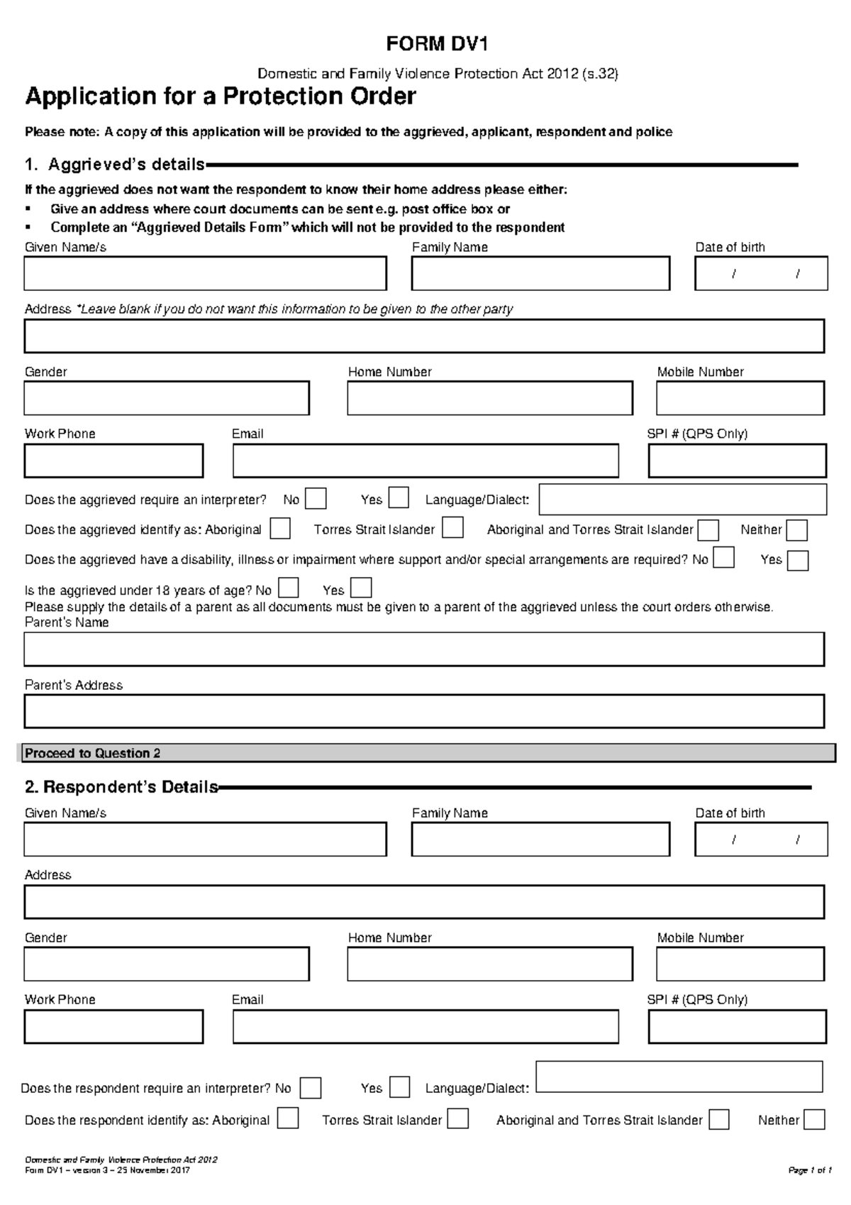 Dva-f-1 - Yes - Domestic and Family Violence Protection Act 2012 Form ...