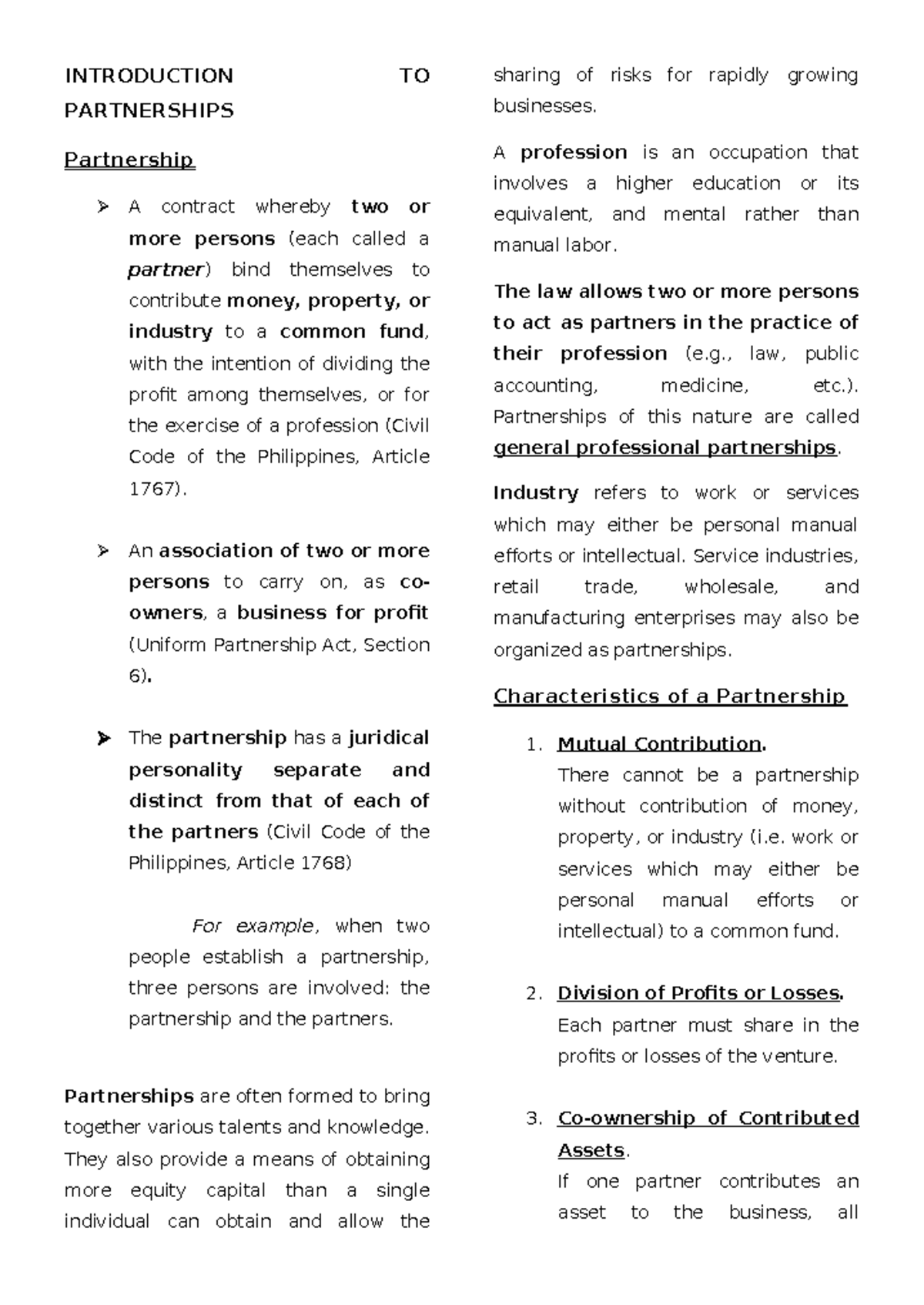 Introduction TO Partnerships - INTRODUCTION TO PARTNERSHIPS Partnership ...