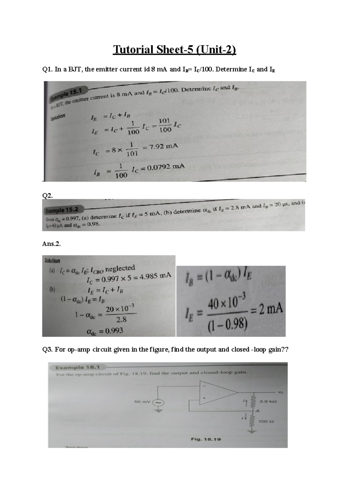 Tutorial Sheet 5 Unit2 1 - Tutorial Sheet-5 (Unit-2) Q1. In a BJT, the emitter current id 8 mA ...