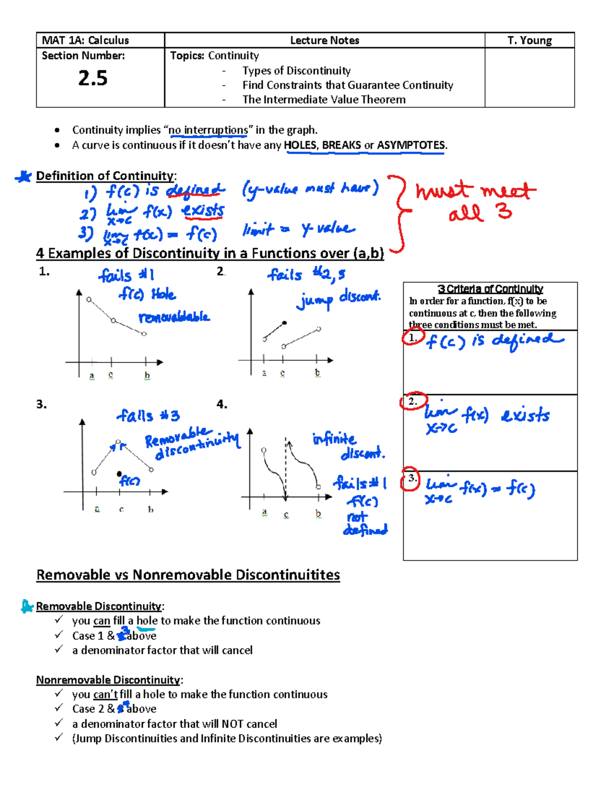 Lesson 2.5- Continuity and the IVT - Continuity implies “no ...