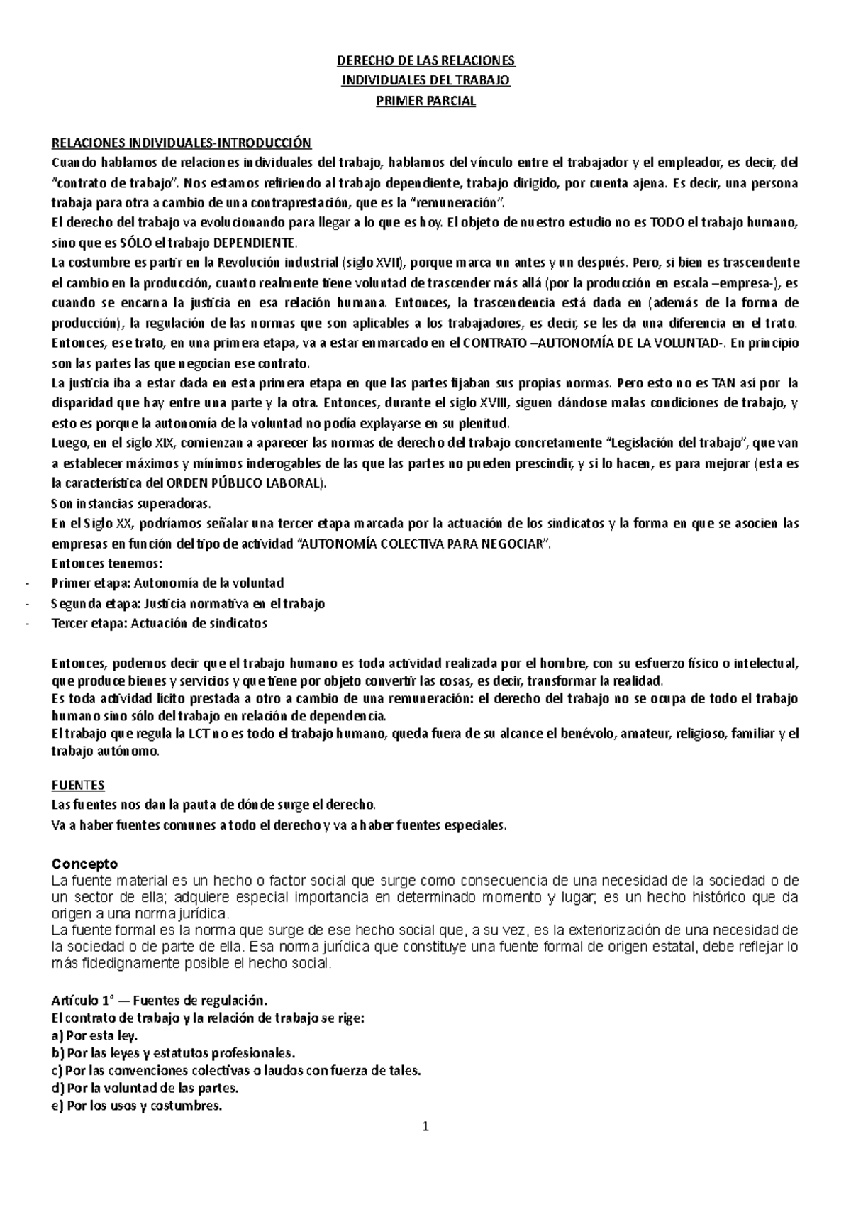 Individuales Primer Parcial. ulti - DERECHO DE LAS RELACIONES INDIVIDUALES DEL TRABAJO PRIMER ...
