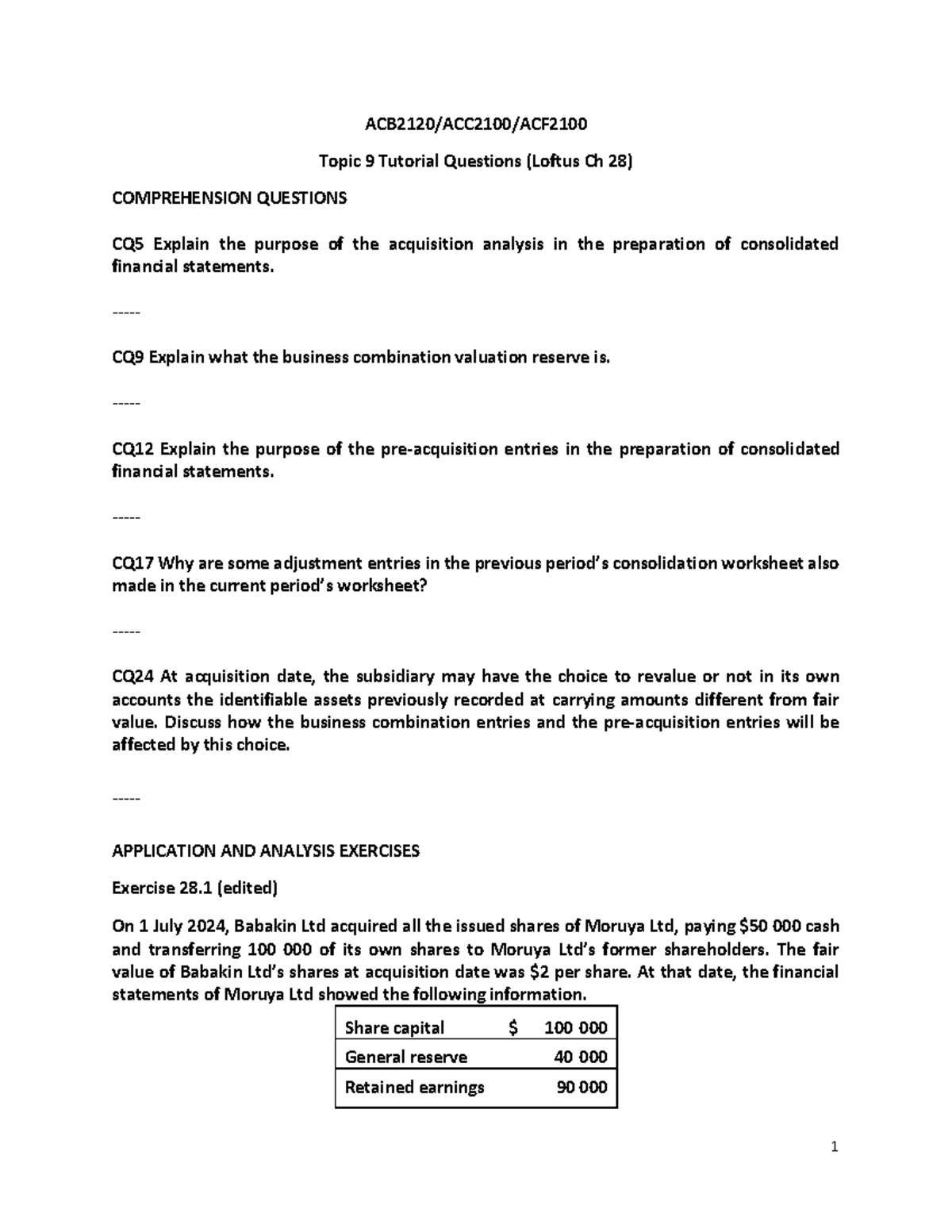 Topic 9 Tutorial Questions - 1 ACB2120/ACC2100/ACF Topic 9 Tutorial ...