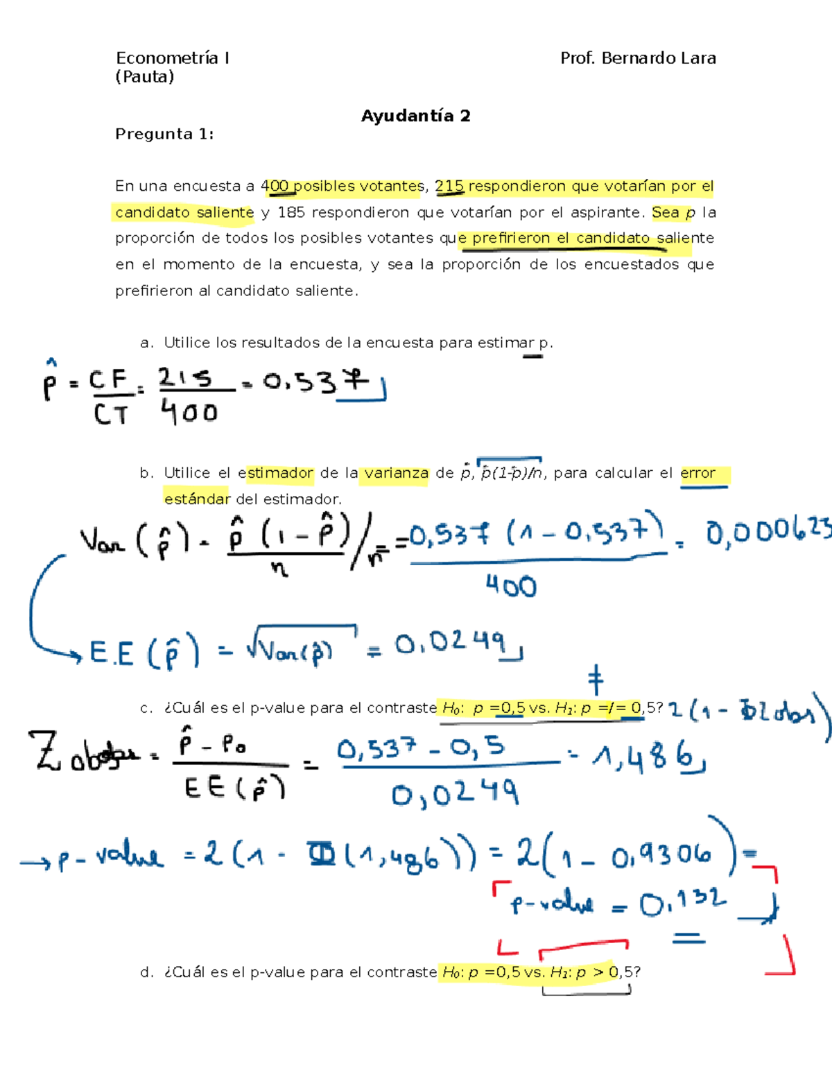 Pauta Ayudantía 2 - ayudantia 2 de econometria para preparar el control - (Pauta) Ayudantía 2 ...