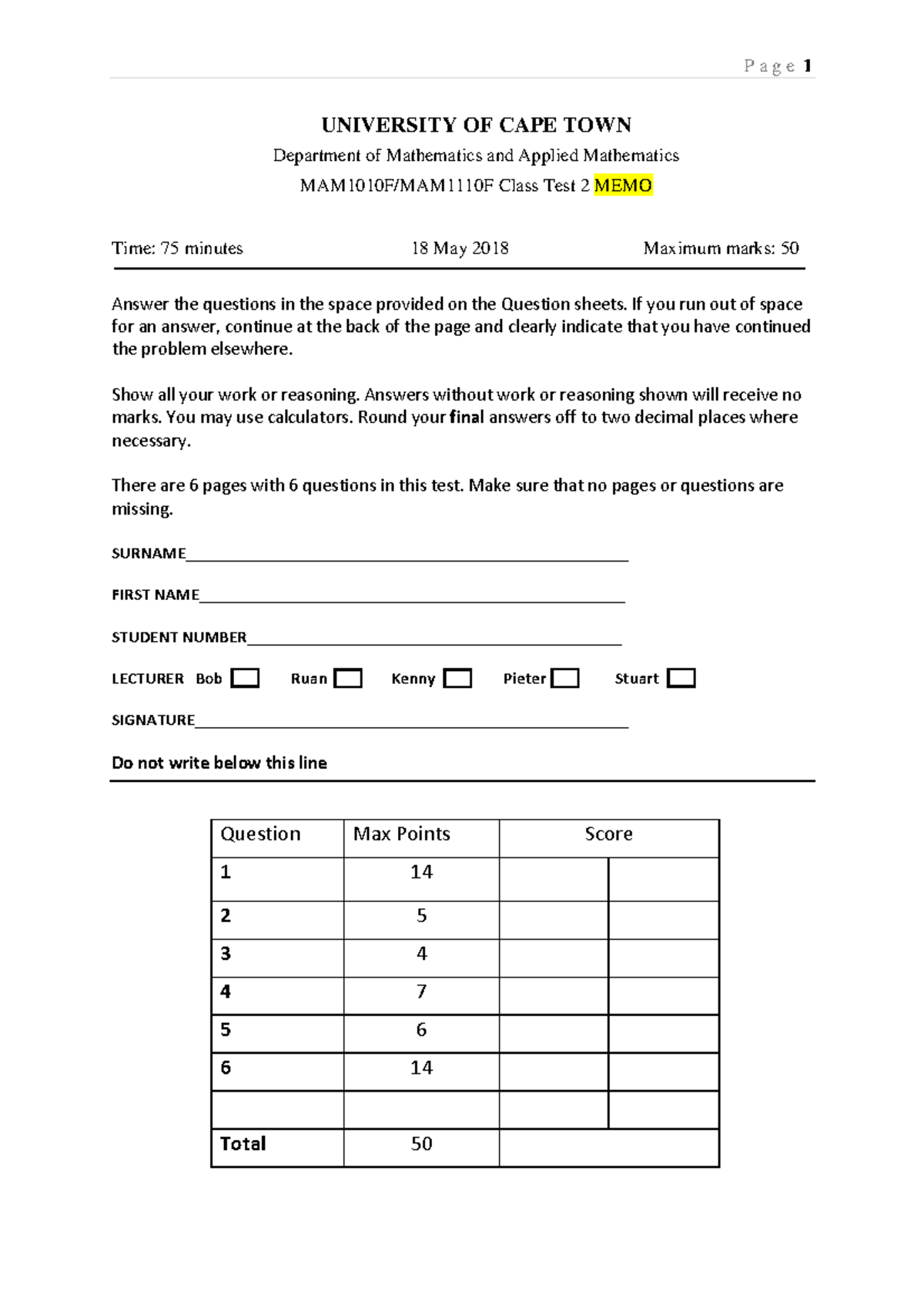 MAM1010F 2018 Test 2 - Second Semester, Test 2 2018 - UNIVERSITY OF ...