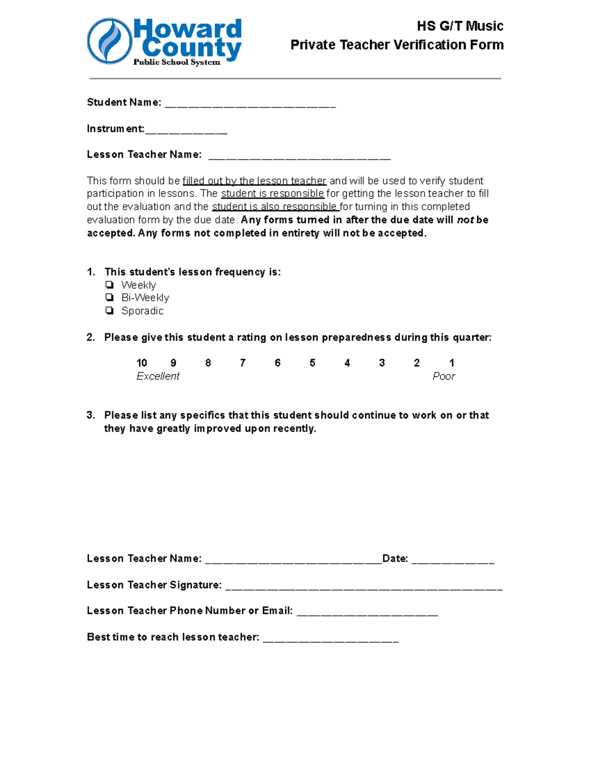 Private Teacher Verification Form - HS G/T Music Private Teacher ...