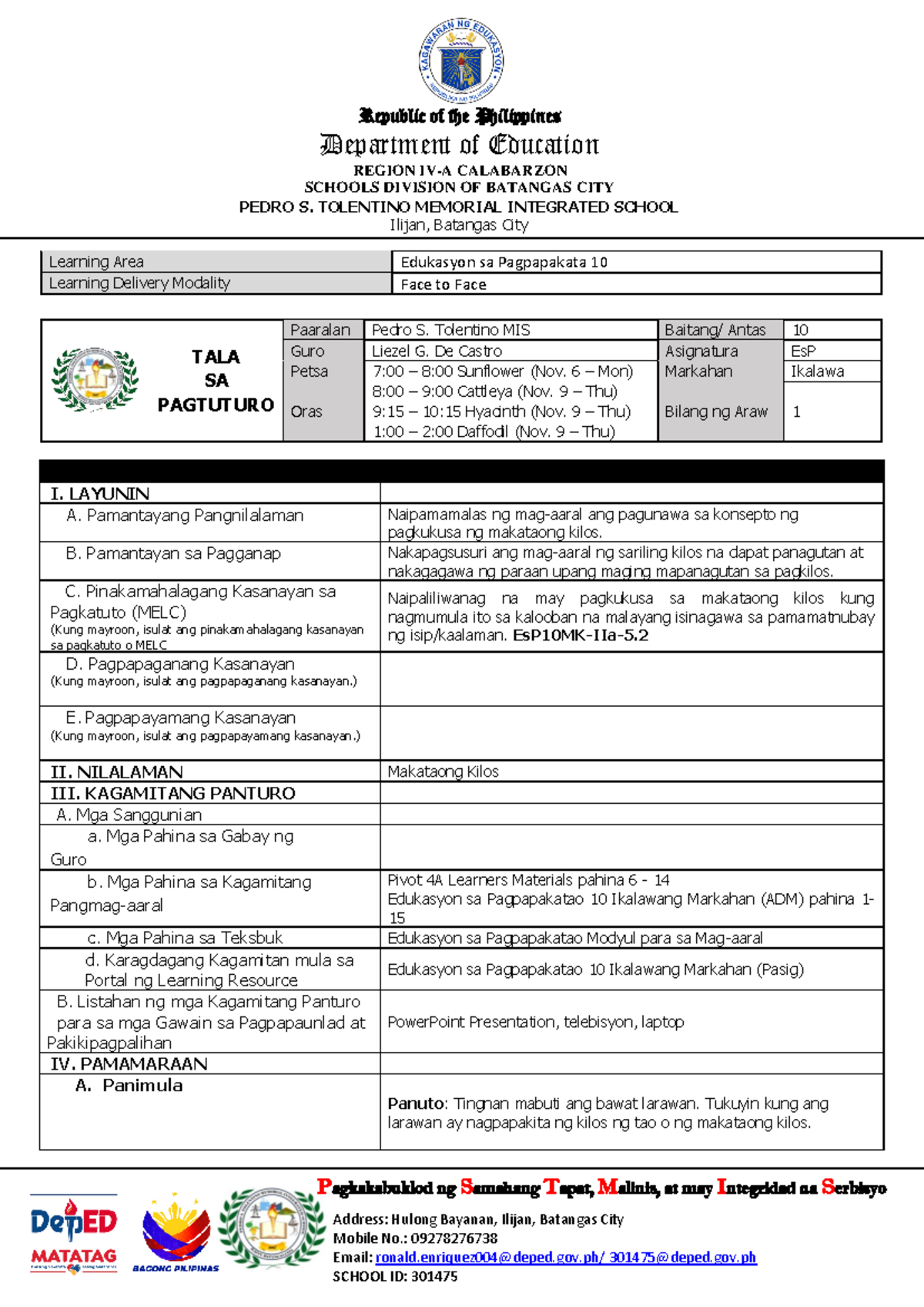 Sample Lesson Plan-ESP - Pagkakabuklod ng Samahang Tapat, Malinis, at ...