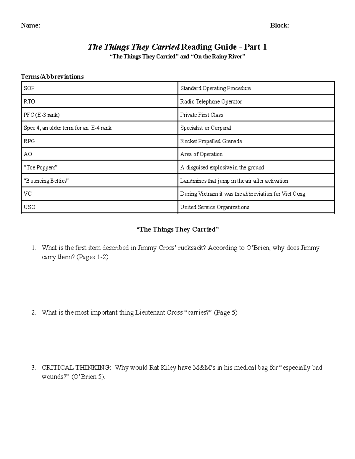 "The Things They Carried" and "On The Rainy River" Reading Guide 1 ...