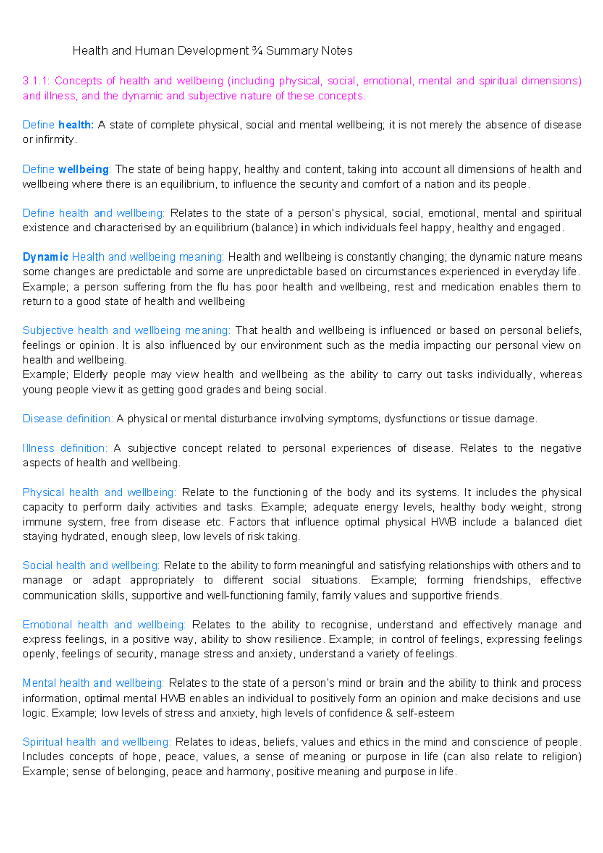 HHD notes to print off - Health and Human Development ¾ Summary Notes 3 ...