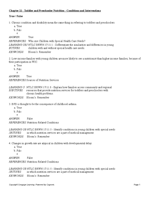 Chapter 12 Child and Preadolescent Nutrition - True / False BMI is ...