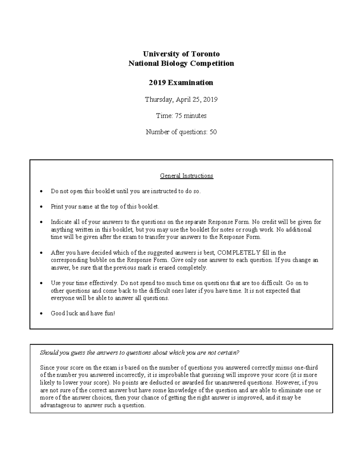 Biocomp-exam-2019 - biocomp exam 2019 - University of Toronto National ...