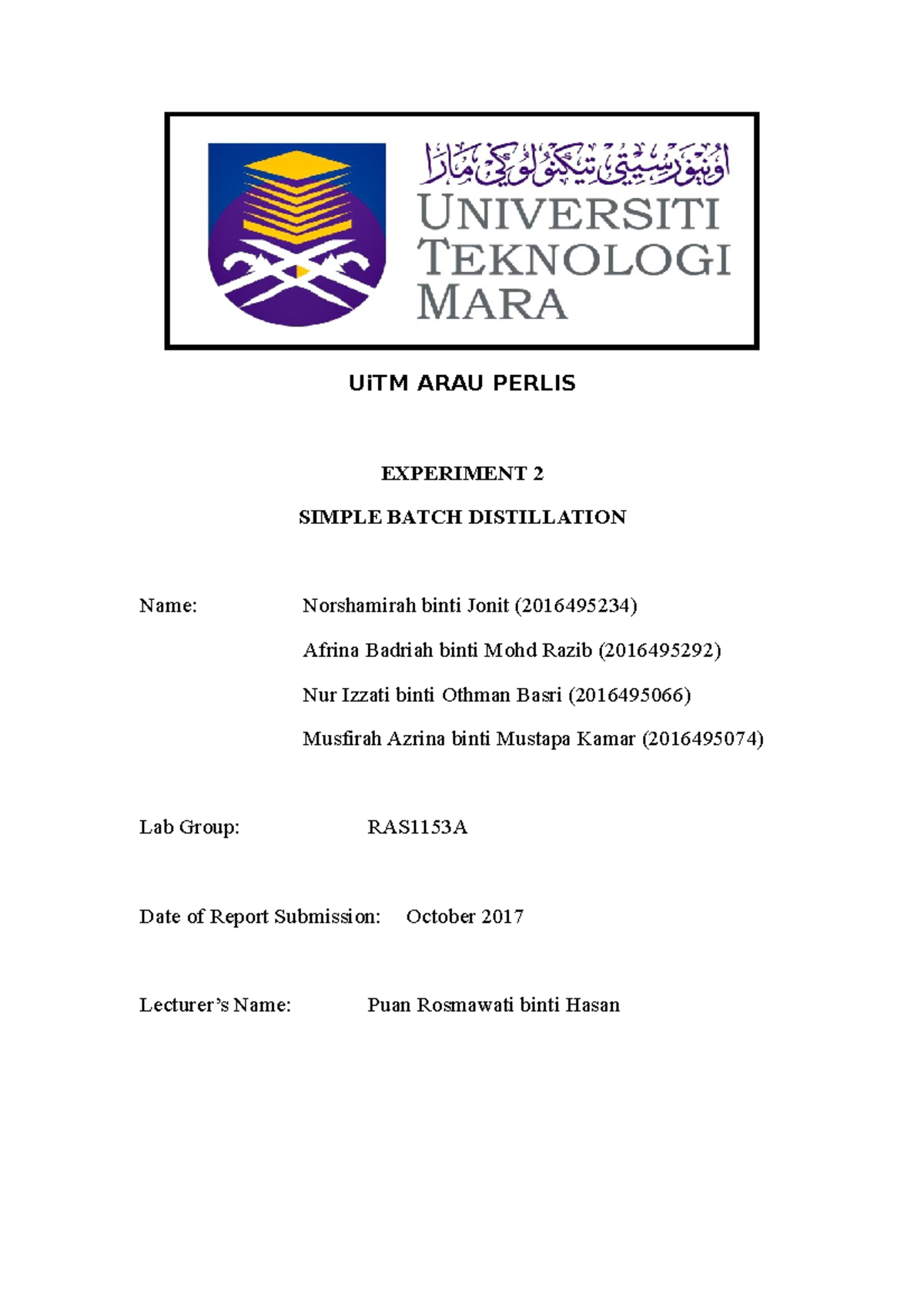 Experiment 2 Simple Batch Distillation - UiTM ARAU PERLIS SIMPLE BATCH DISTILLATION EXPERIMENT 2 ...