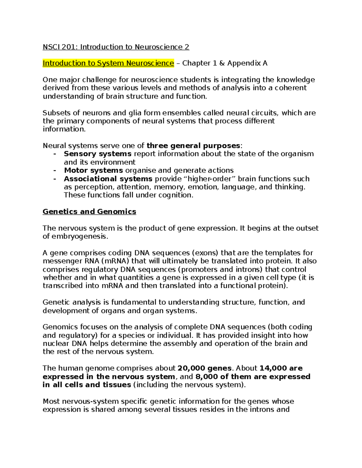 NSCI 201 Notes - NSCI 201: Introduction to Neuroscience 2 Introduction ...