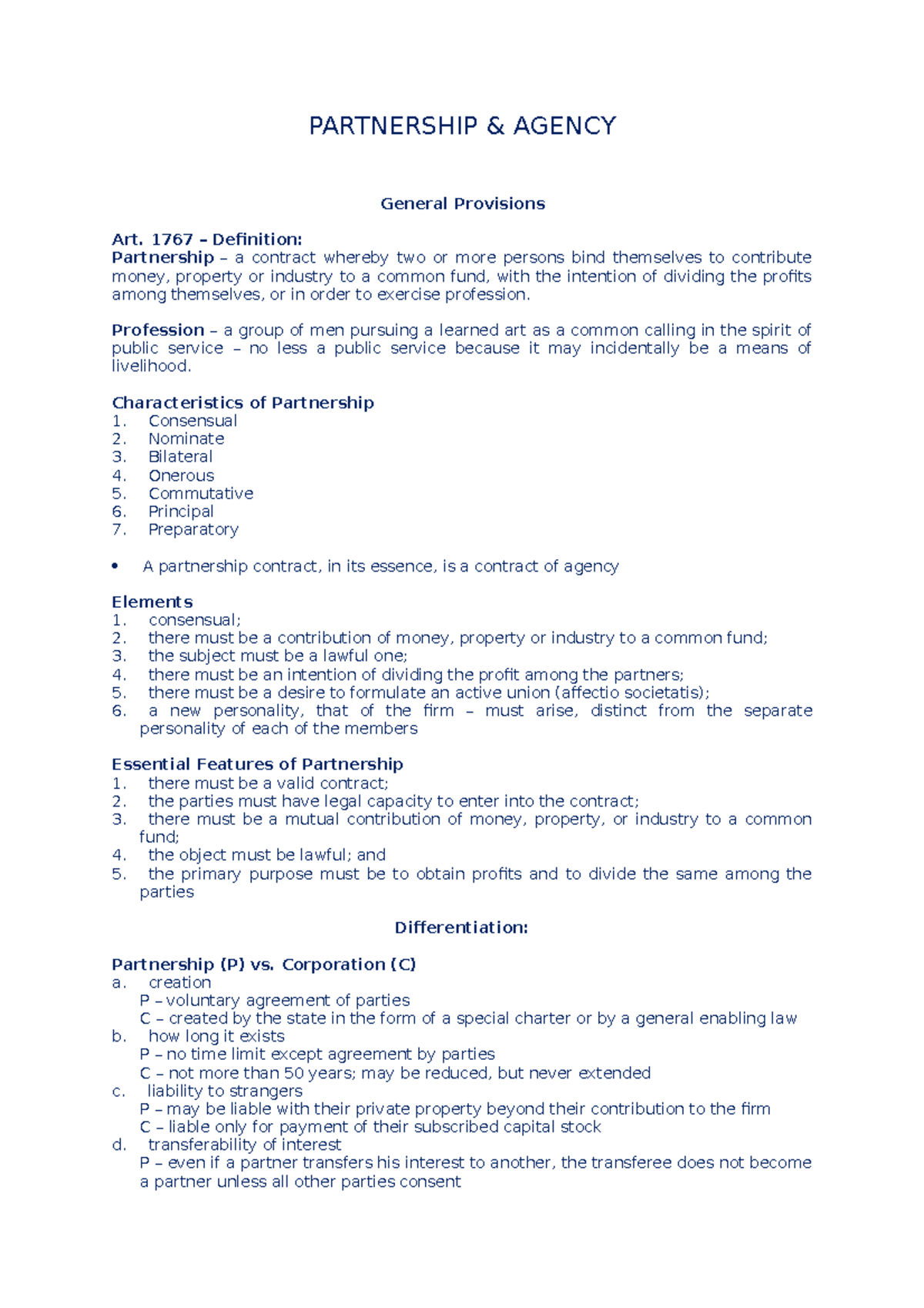 Partnership - ATPR notes - PARTNERSHIP & AGENCY General Provisions Art ...