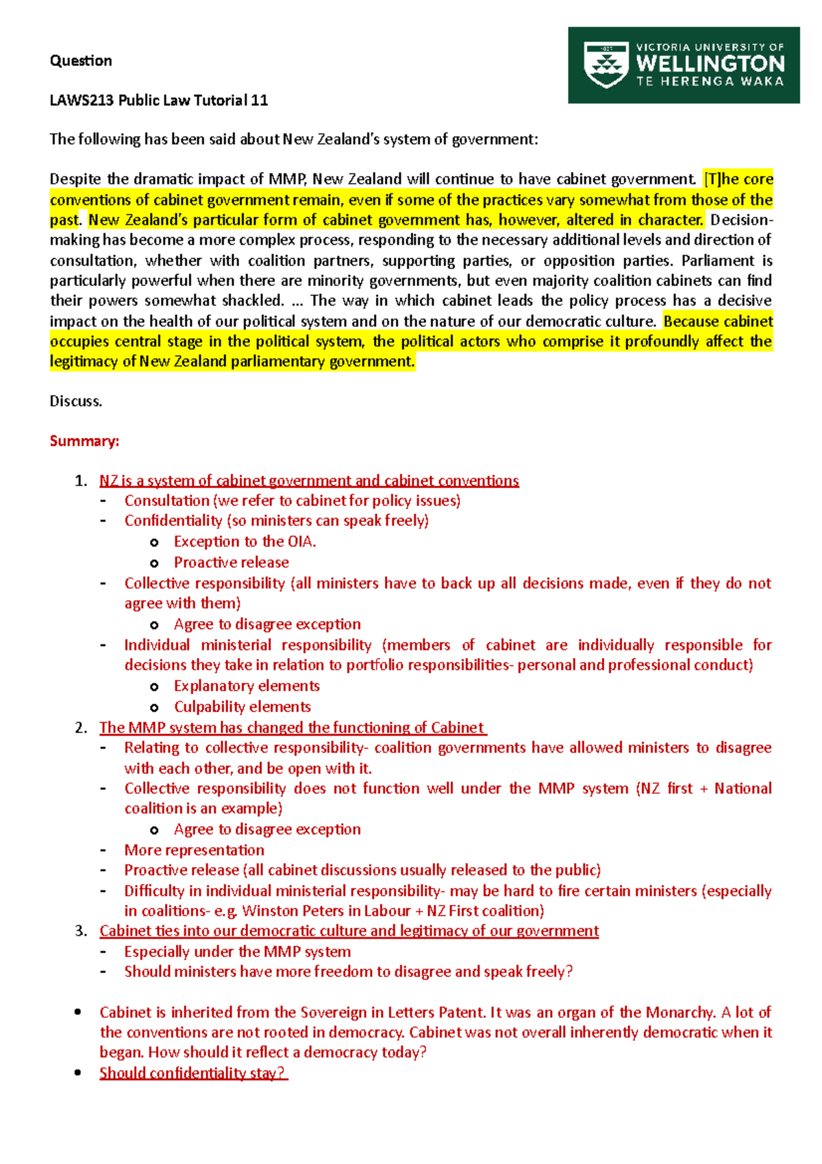 11 cabinet - tutorial notes - Question LAWS213 Public Law Tutorial 11 ...