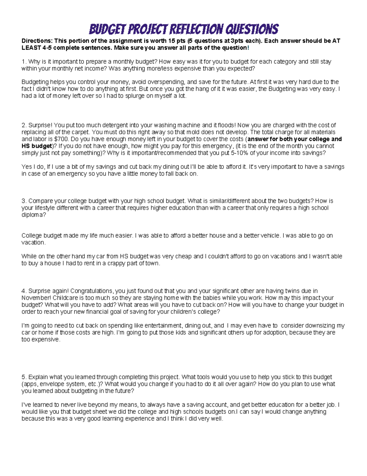 Copy of Budget Project Reflection Questions - Budget Project Reflection Questions Directions ...