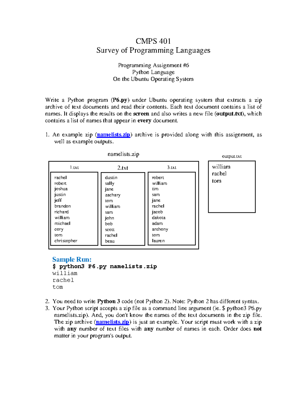 P6Python - This is a sample - CMPS 401 Survey of Programming Languages Programming Assignment ...