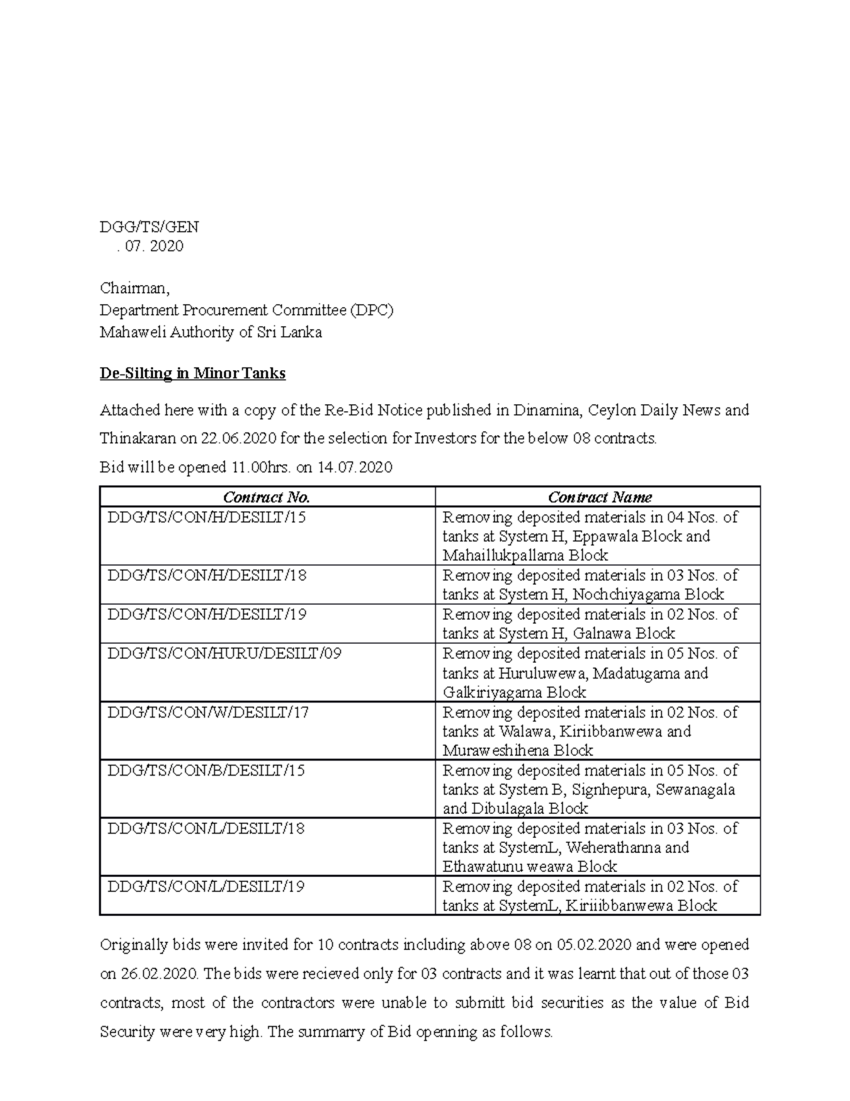 Letter to DPC reduce Bid bond with meeting miuutes - DGG/TS/GEN . 07 ...