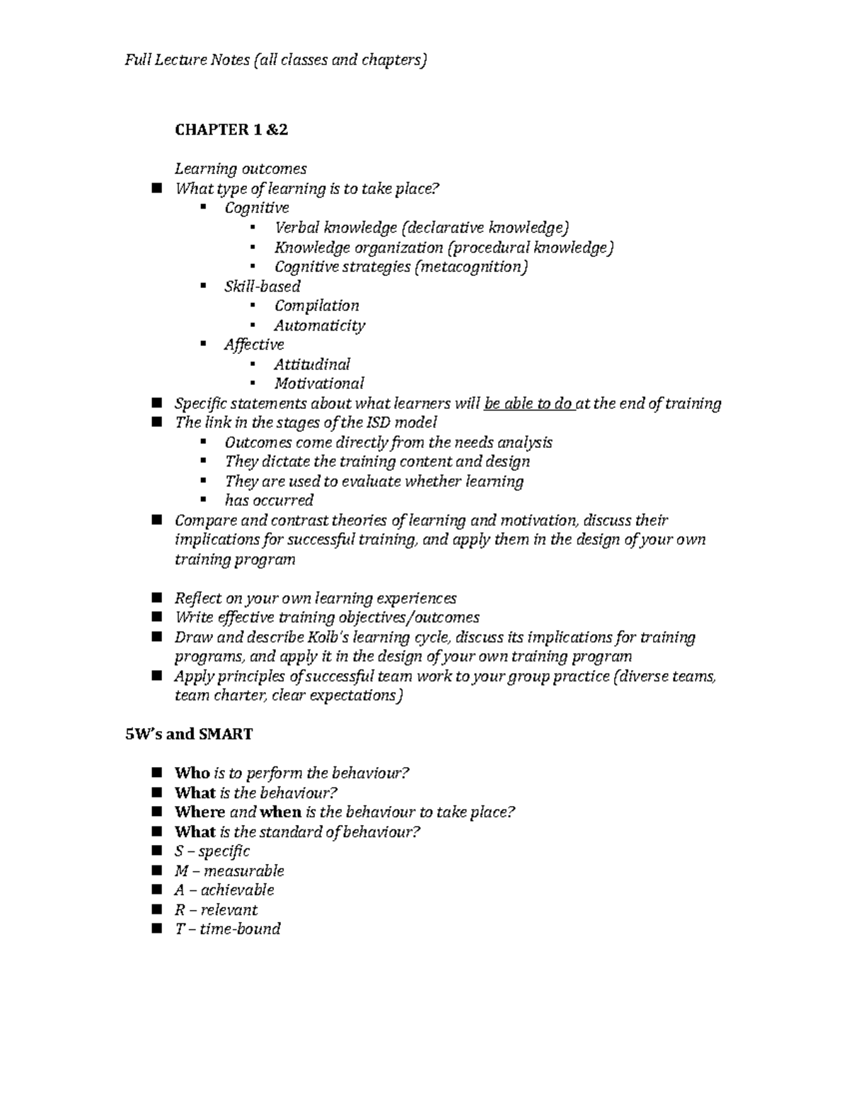 Training and Development= full class lecture notes - Full Lecture Notes ...