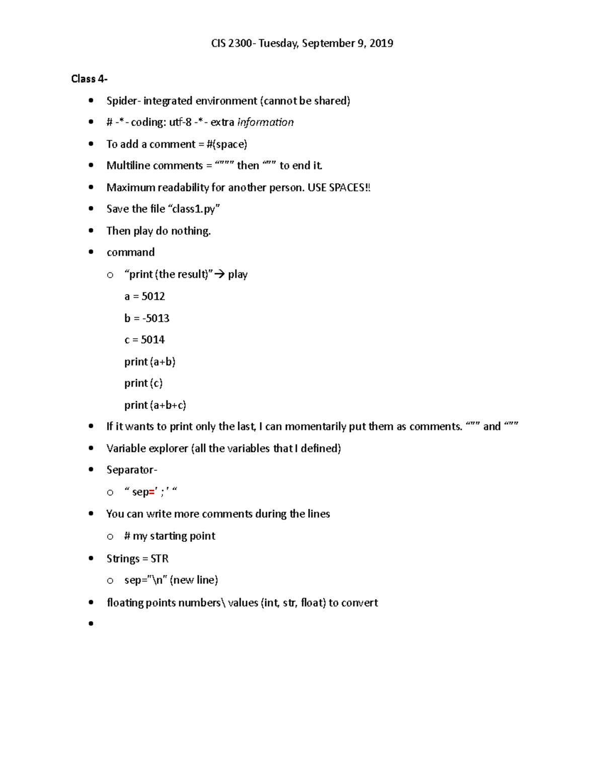 Class 4 - Lecture notes 4 - CIS 2300- Tuesday, September 9, 2019 Class ...