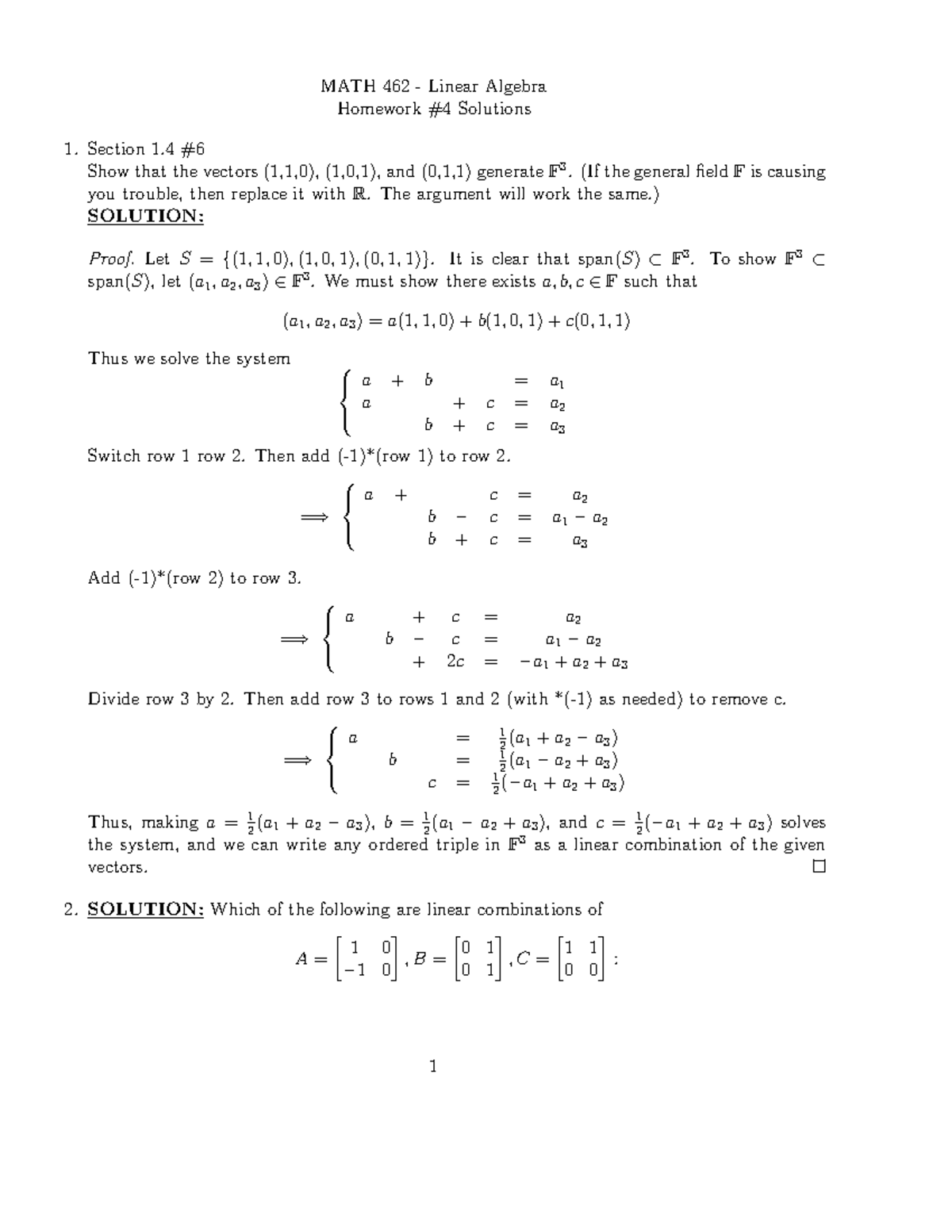 HMWK-4 Solutions - Dr. Kimball - MATH 462 Linear Algebra Homework ...