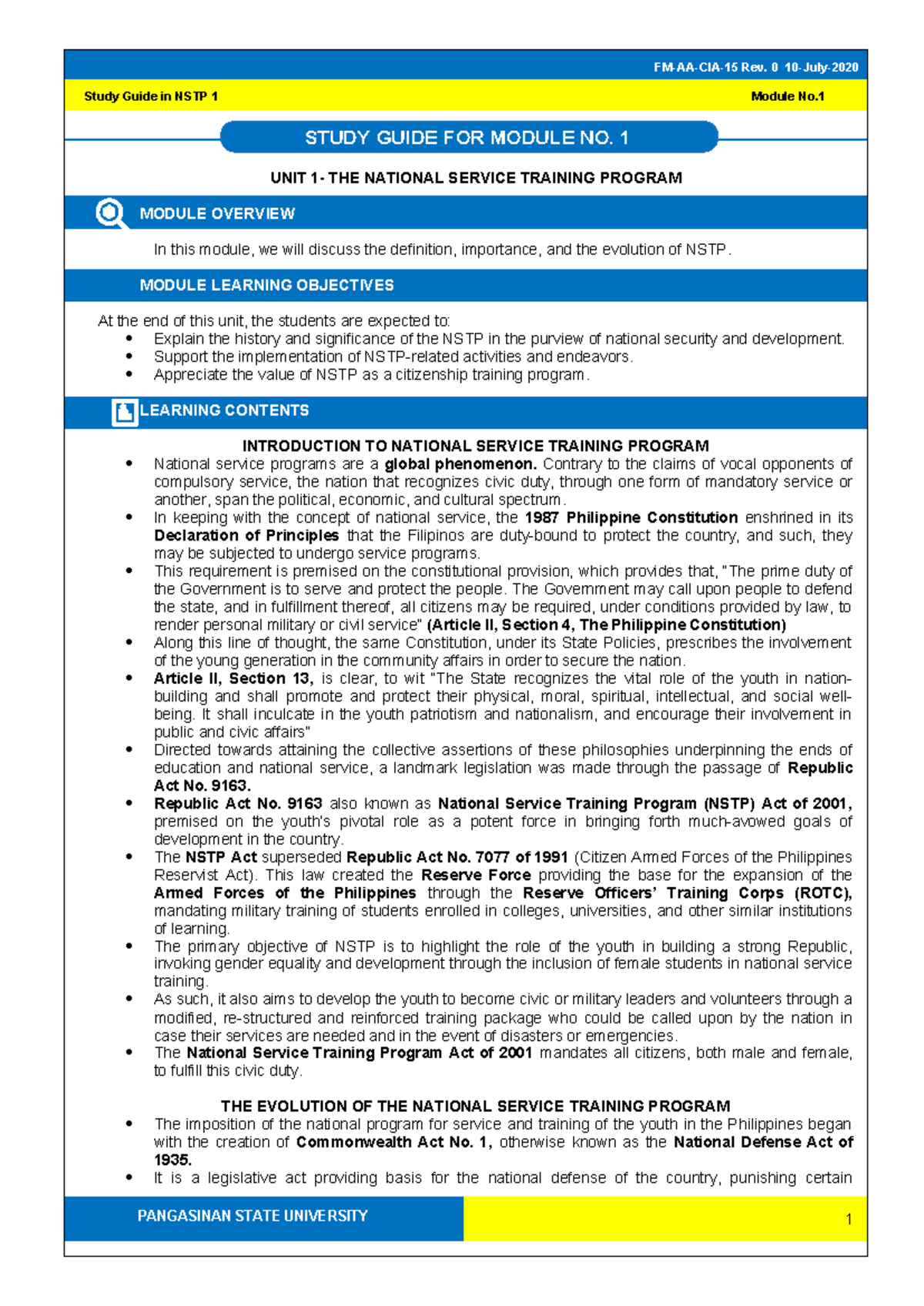 Study Guide 1A Evolution of NSTP - STUDY GUIDE FOR MODULE NO. 1 PANGASINAN STATE UNIVERSITY ...