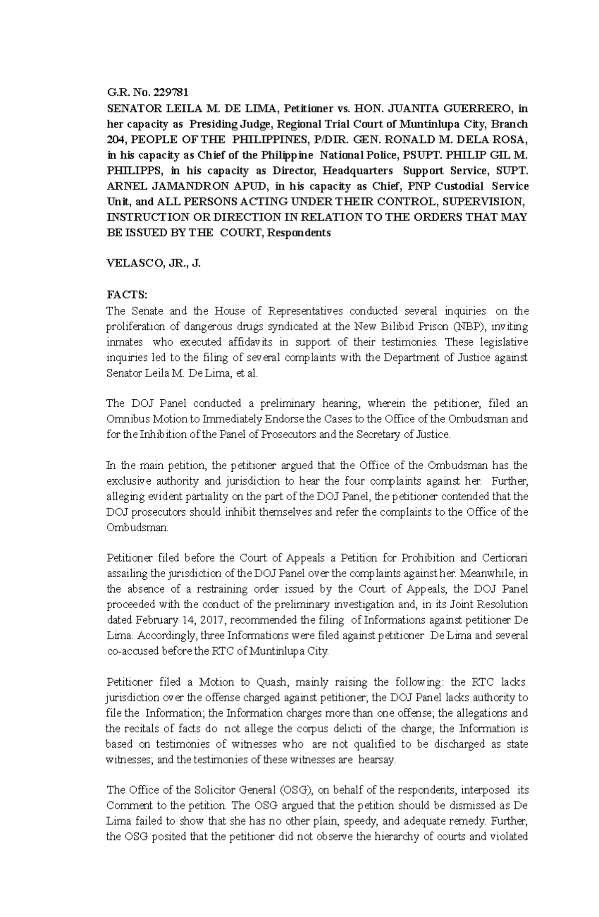 De Lima vs Guerrero - G. No. 229781 SENATOR LEILA M. DE LIMA ...