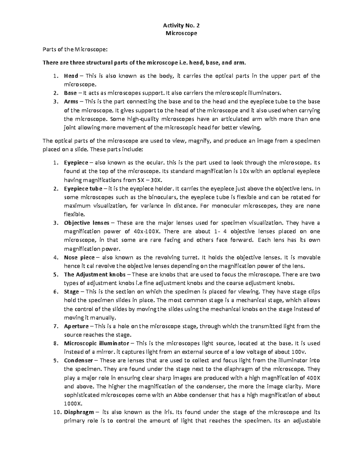 Parts of the Microscope (with illustration) - Activity No. 2 Microscope ...