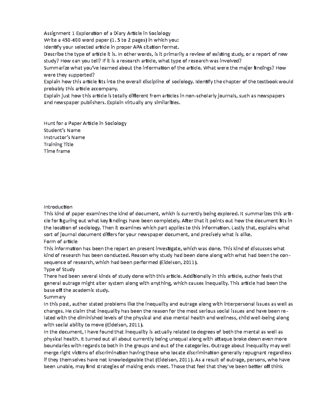 Assignment 1 Exploration of a Journal Article in Sociology-Describe the ...