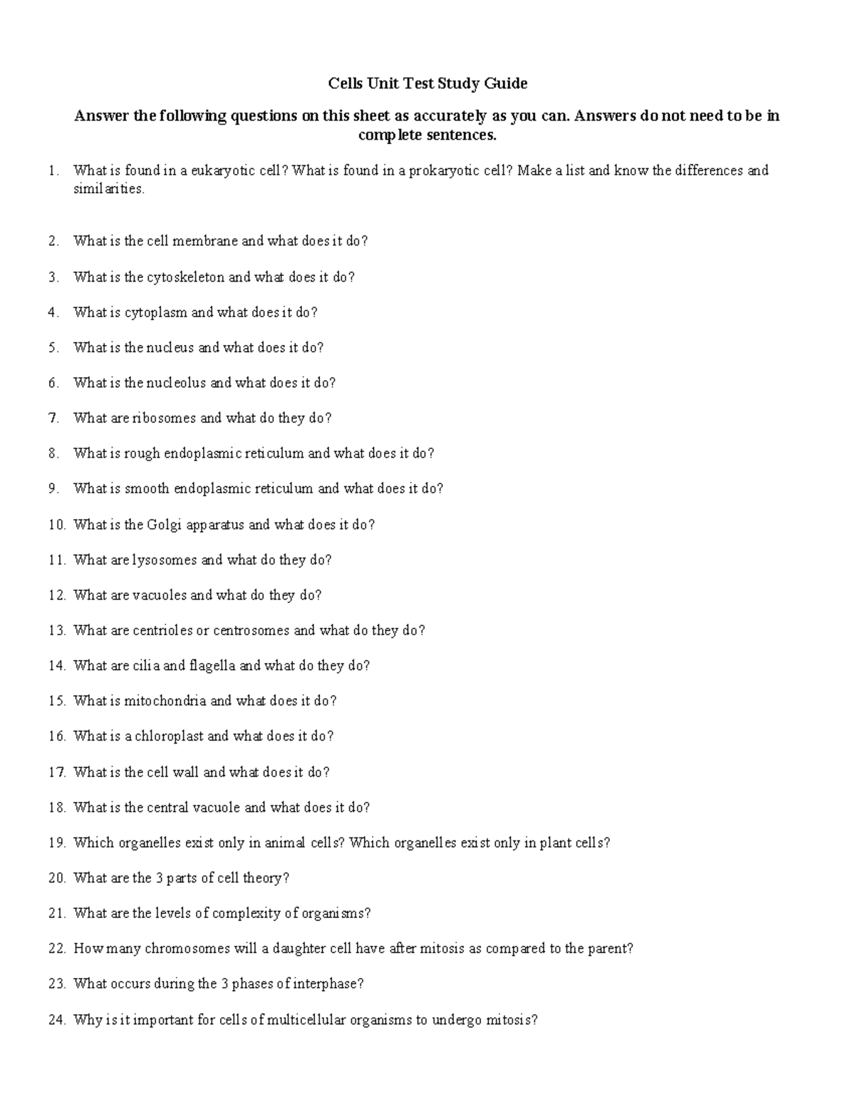 Cells Unit Test Study Guide - Cells Unit Test Study Guide Answer the ...