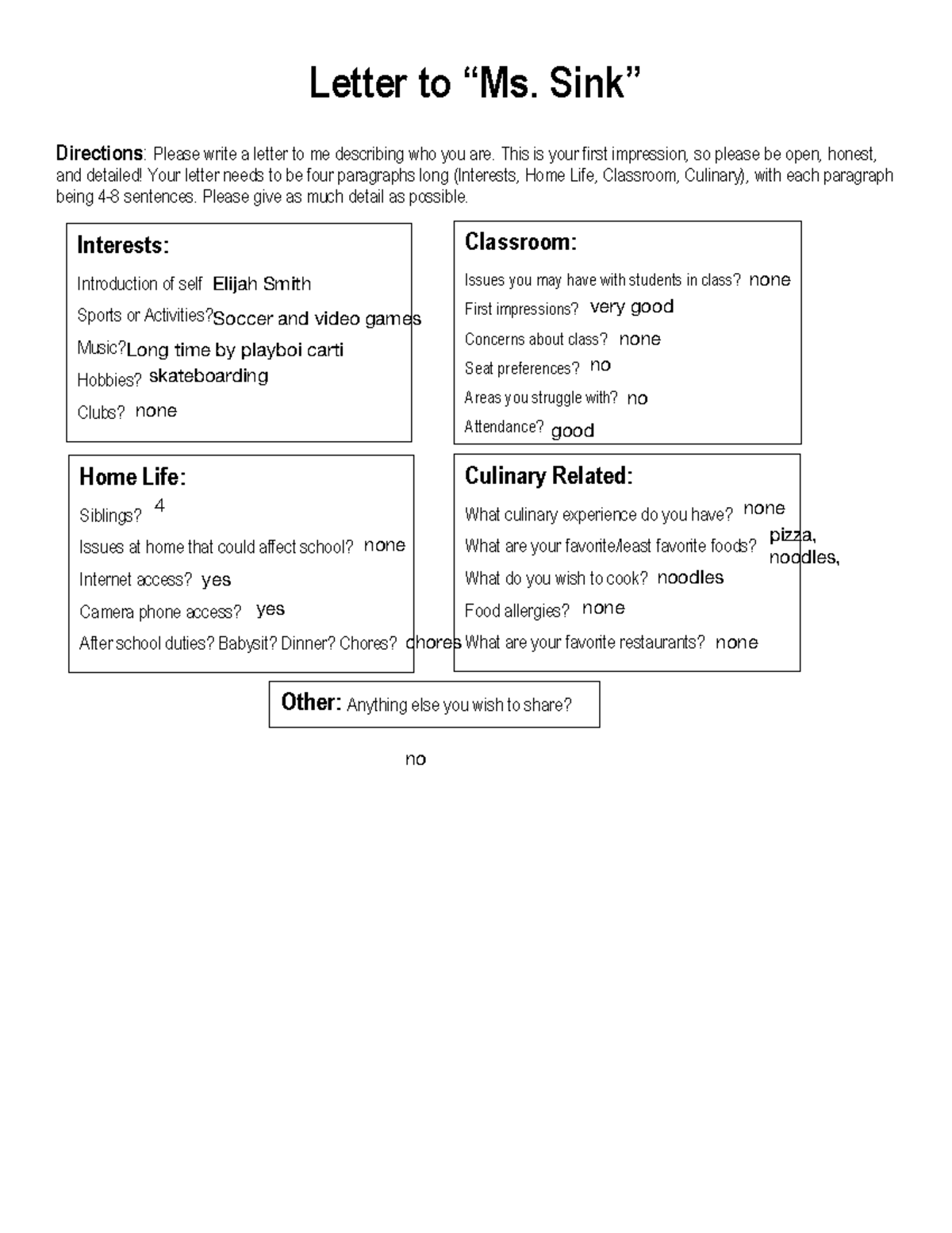 Letter Ms. Sink - cooking - Letter to “Ms. Sink” Directions: Please ...