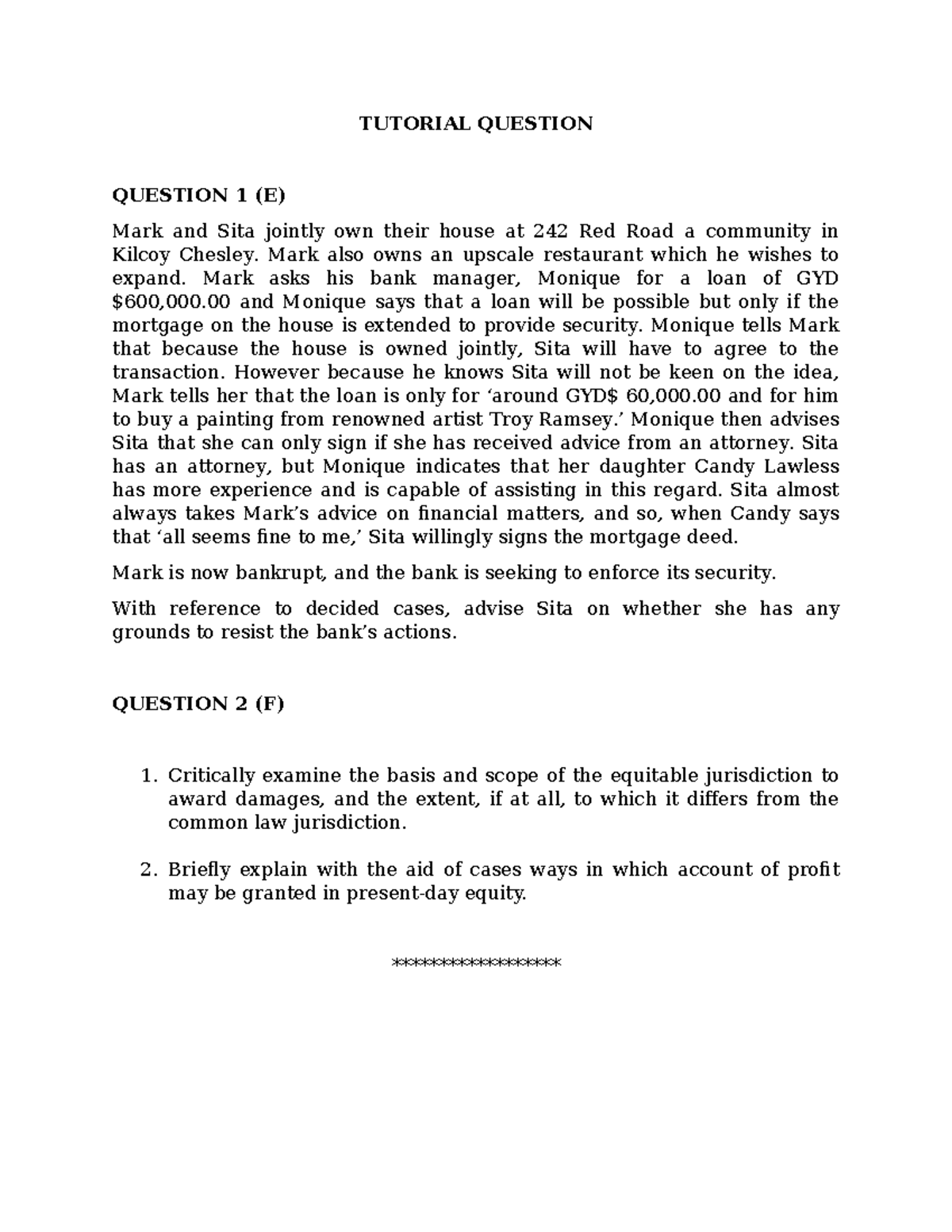 Tutorial Question Equitable Remedies Acct of Profits - TUTORIAL QUESTION QUESTION 1 (E) Mark and ...