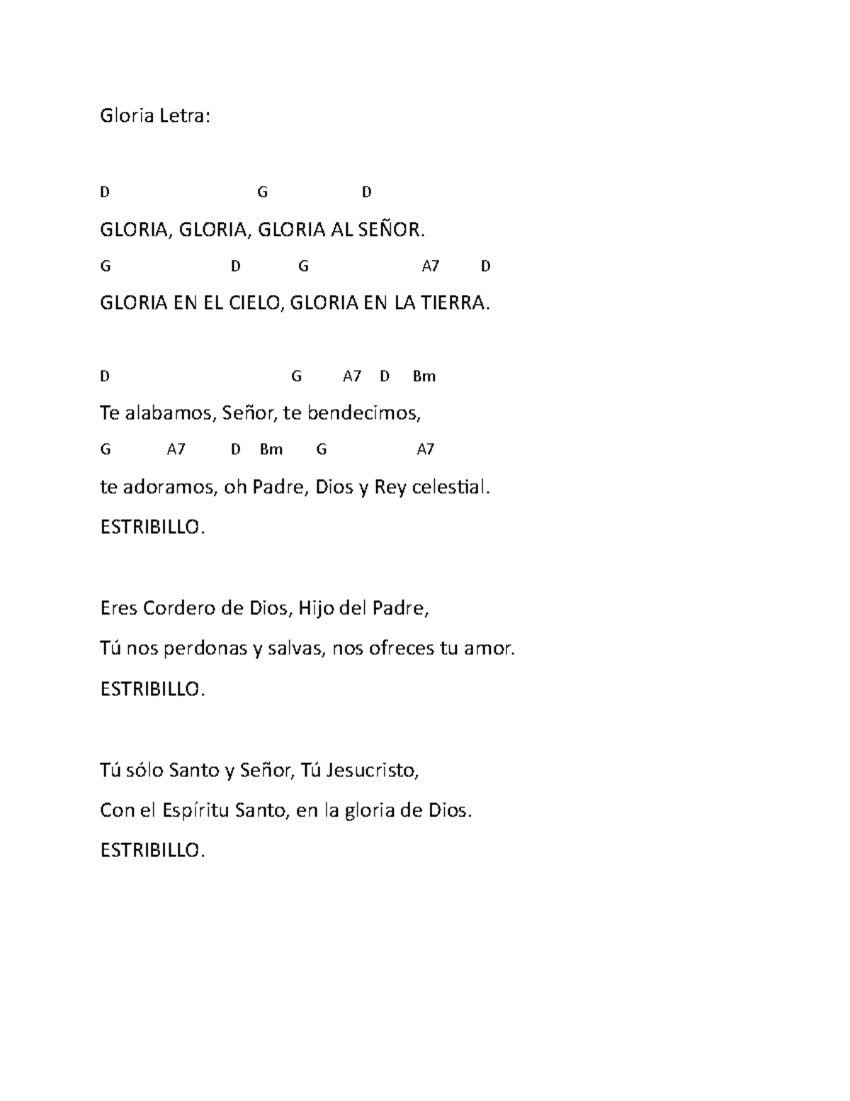 Cantos Domingo 250922 - awdad - Gloria Letra: D G D GLORIA, GLORIA ...