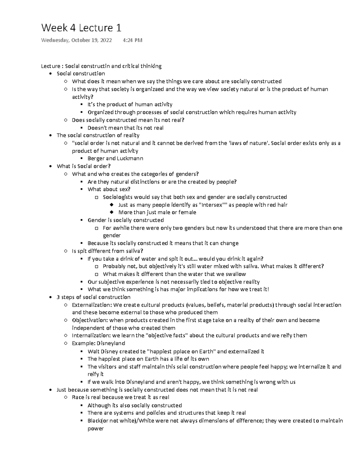 Soc 1 Lecture 7 - Lecture : Social constructin and critical thinking ...