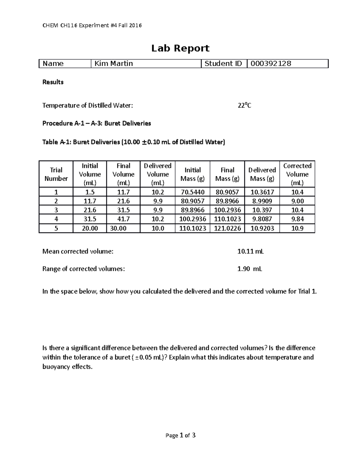 CHEM LAB #4 (1:3 Complete) - CHEM CH116 Experiment #4 Fall 2016 Lab ...