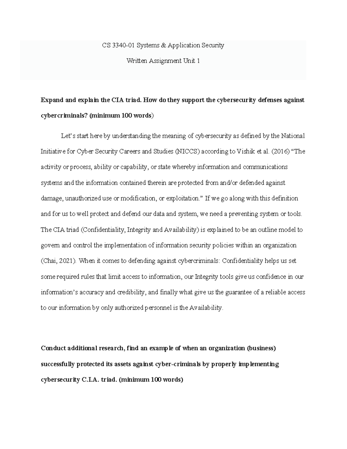 CS 3340 Written Assignment Unit 1 - CS 3340-01 Systems & Application ...