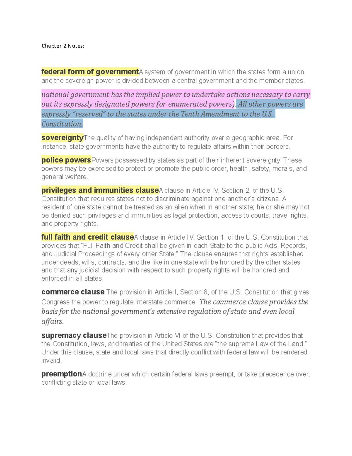 Chapter 2 notes - Chapter 2 Notes: federal form of governmentA system ...