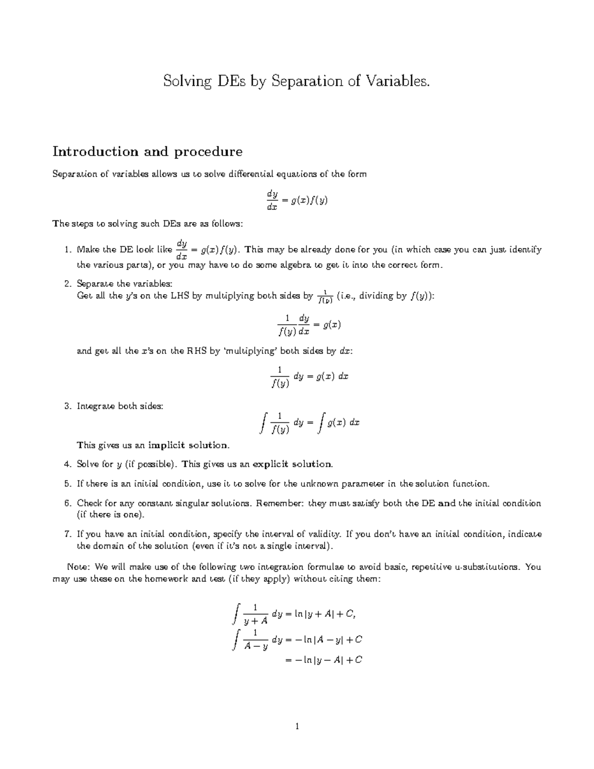 Sep of var examples - Nice - Solving DEs by Separation of Variables ...