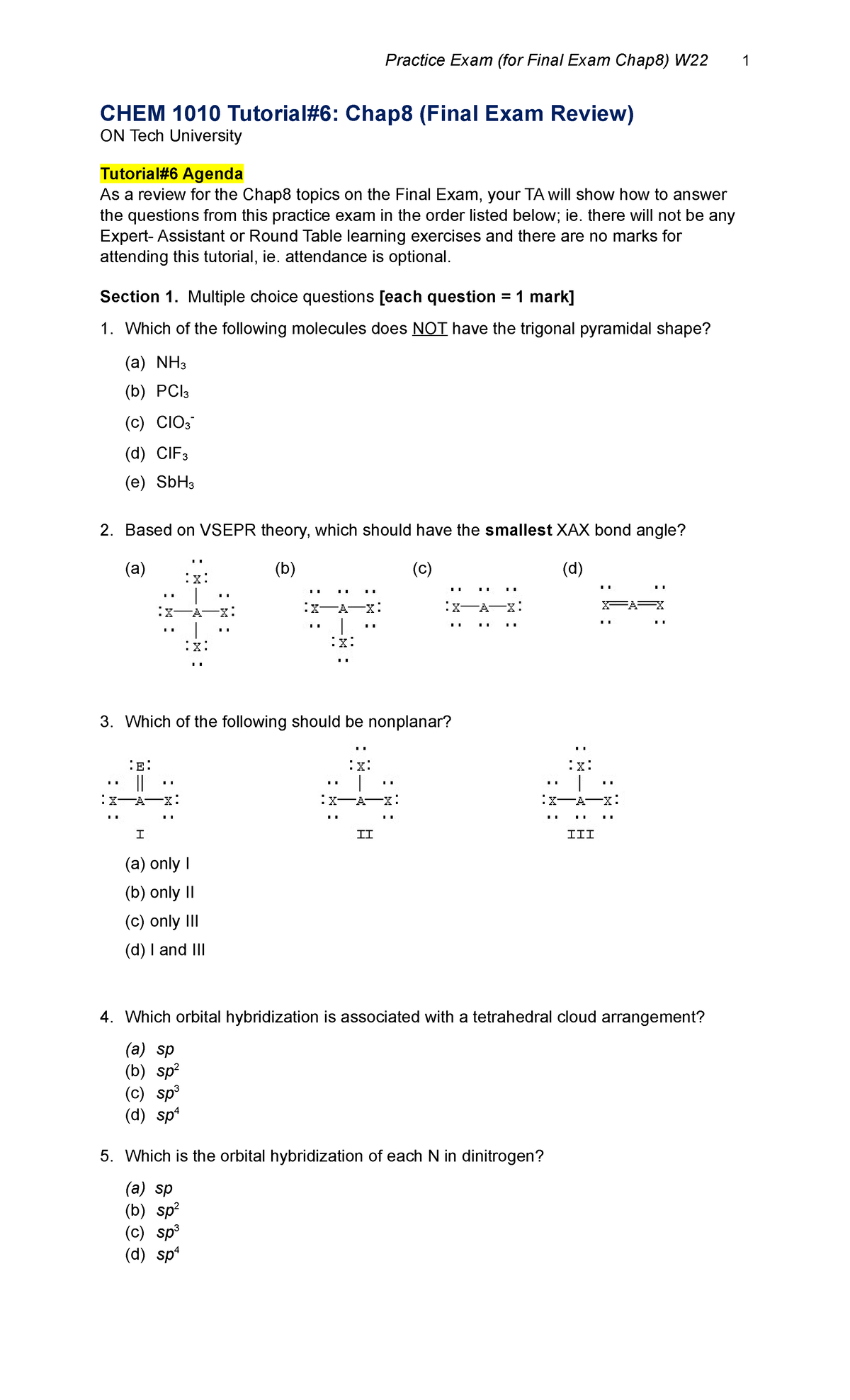 Tutorial 6 Chap8 and Final Exam Review 1010 W22 - CHEM 1010 Tutorial#6 ...