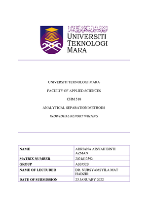 CHM510 - Experiment 1 - GOODLUCK!! - CHM510 LABORATORY REPORT EXPERIMENT 1: GAS CHROMATOGRAPHY ...
