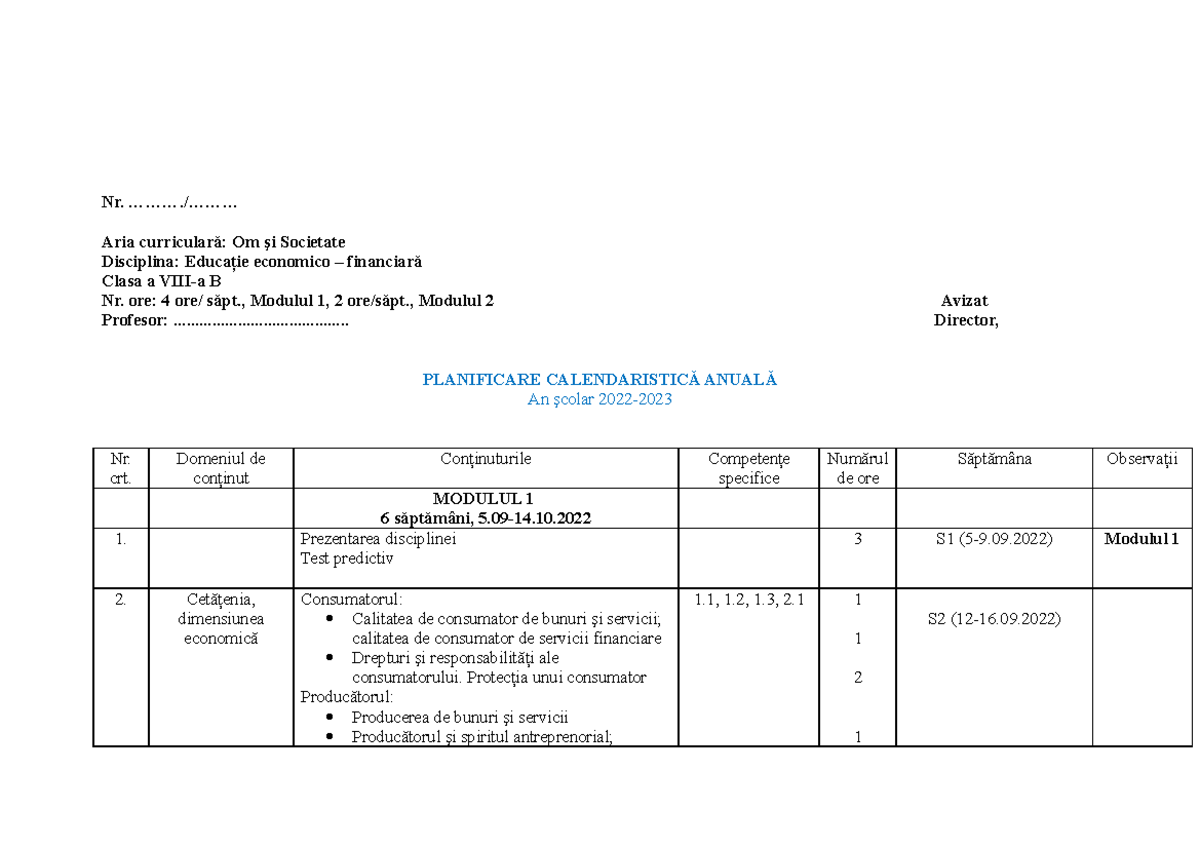 Planificare educatie financiara 8 2023 - Nr. ........../......... Aria ...