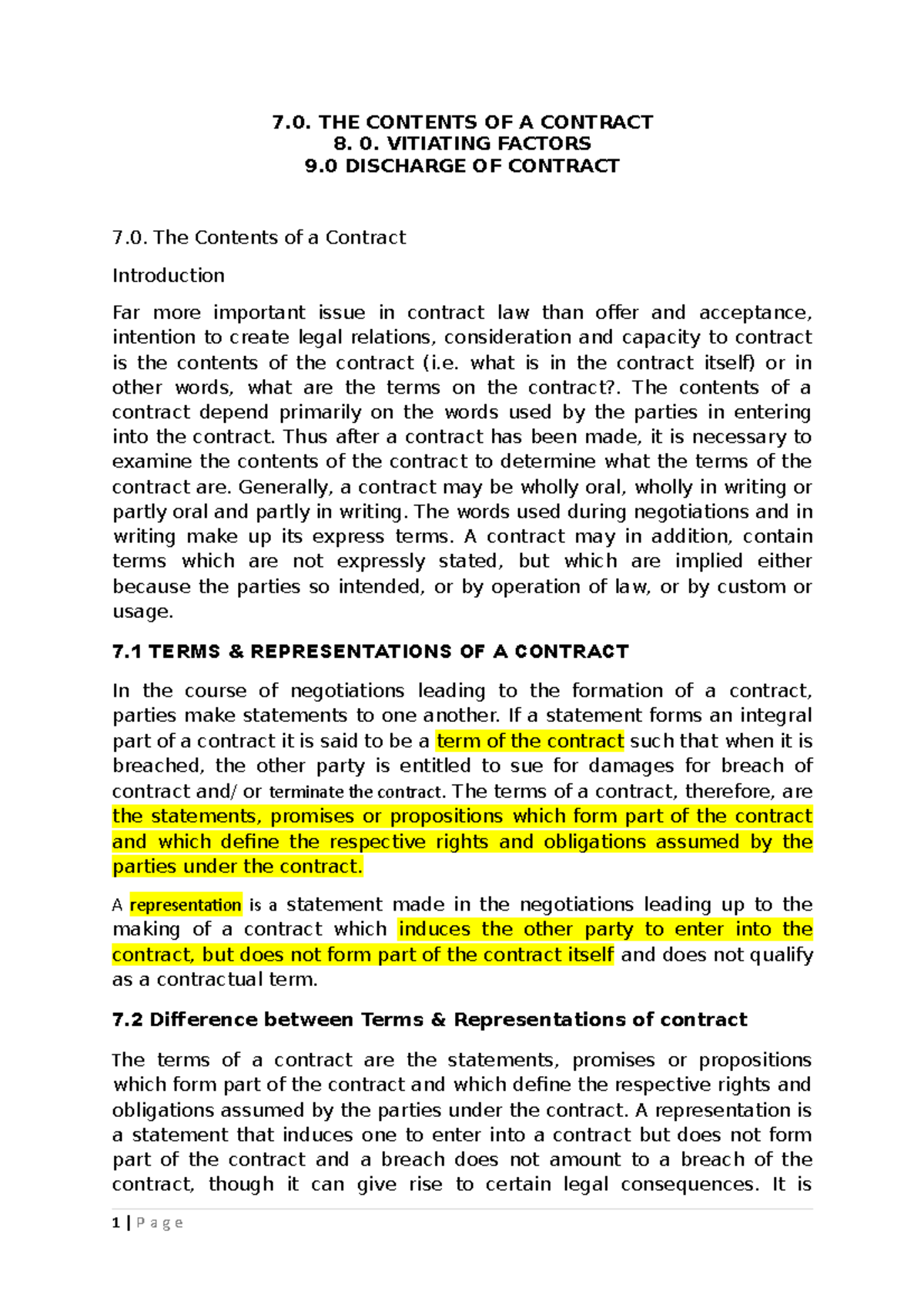 LE 152 Law of Contract II-1 - 7. THE CONTENTS OF A CONTRACT 8. 0 ...