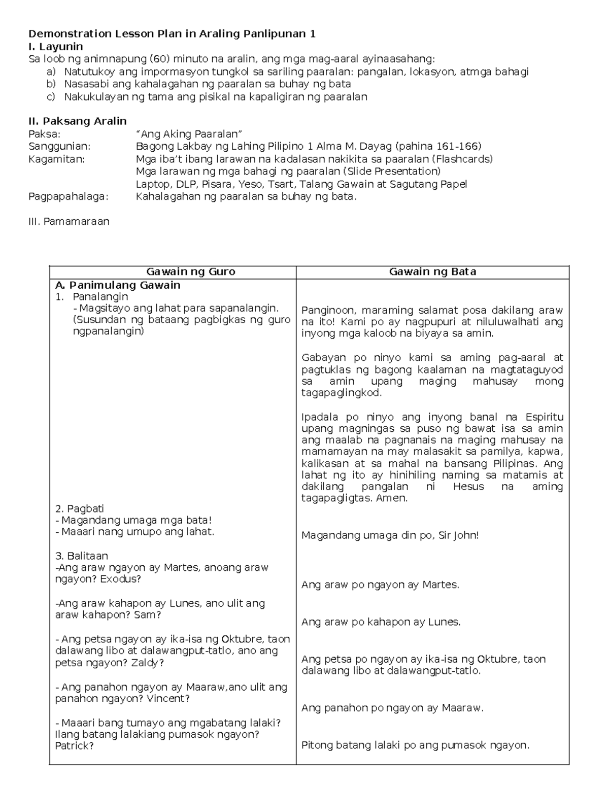 Araling Panlipunan 1 LP - Demonstration Lesson Plan in Araling ...